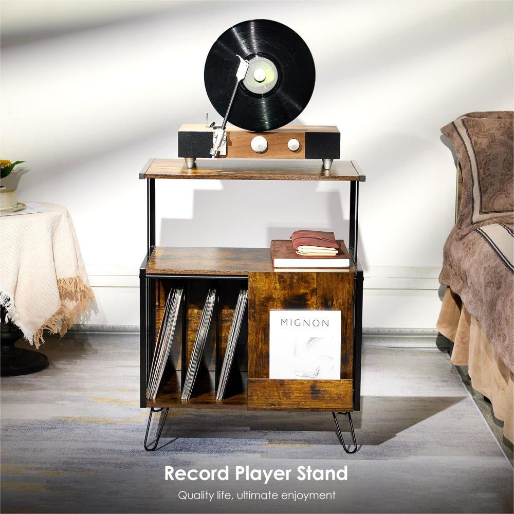 Smuxee Retro Record Player Stand with Record Storage,Sliding Door ...