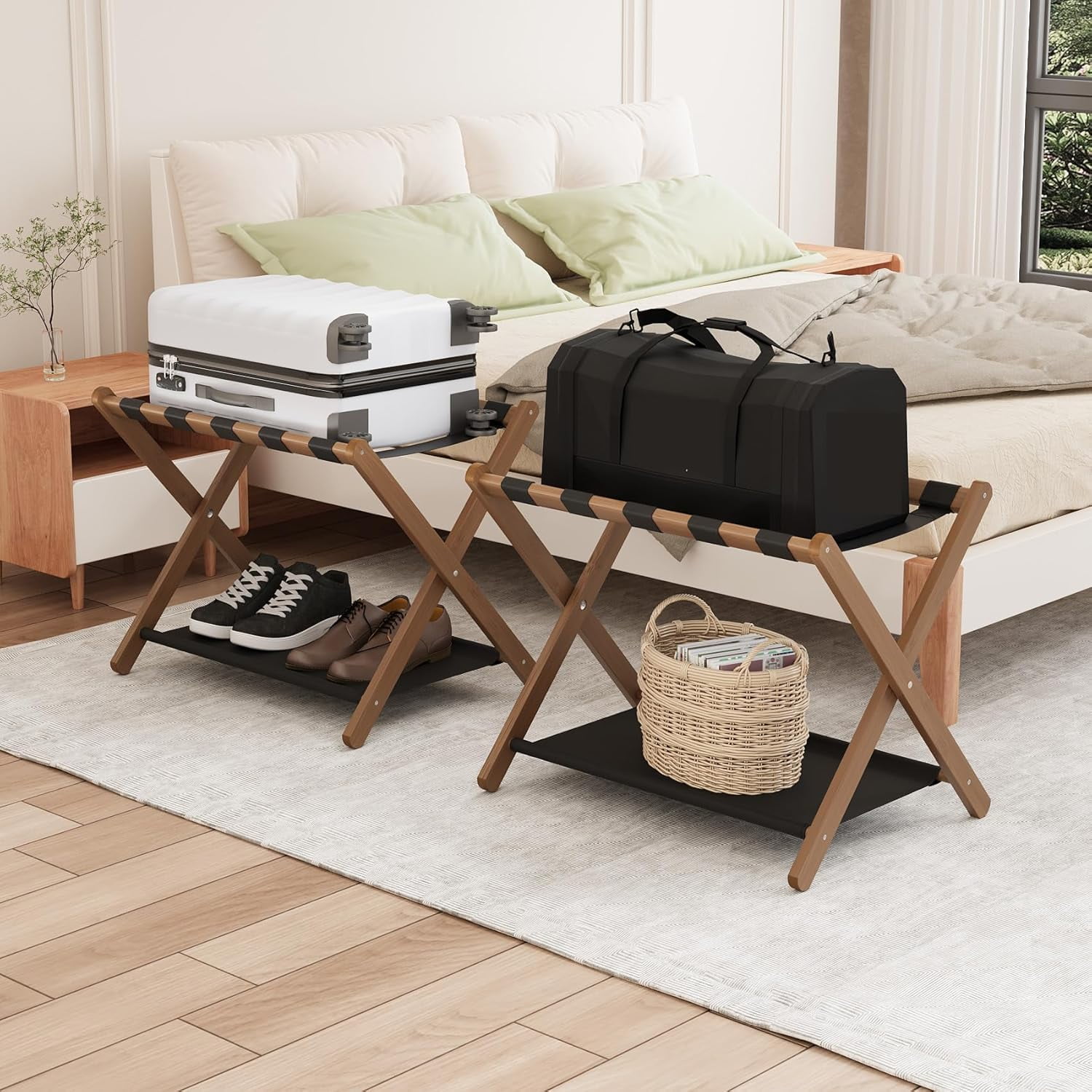 Smuxee Walnut Bamboo Luggage Rack Pack of 2, Foldable Suitcase Stand ...