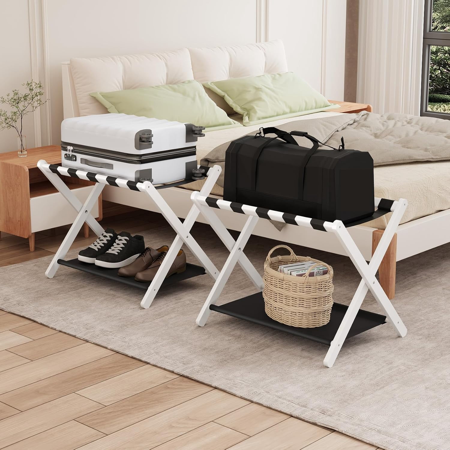 Smuxee White Bamboo Luggage Rack Pack of 2, Foldable Suitcase Stand ...