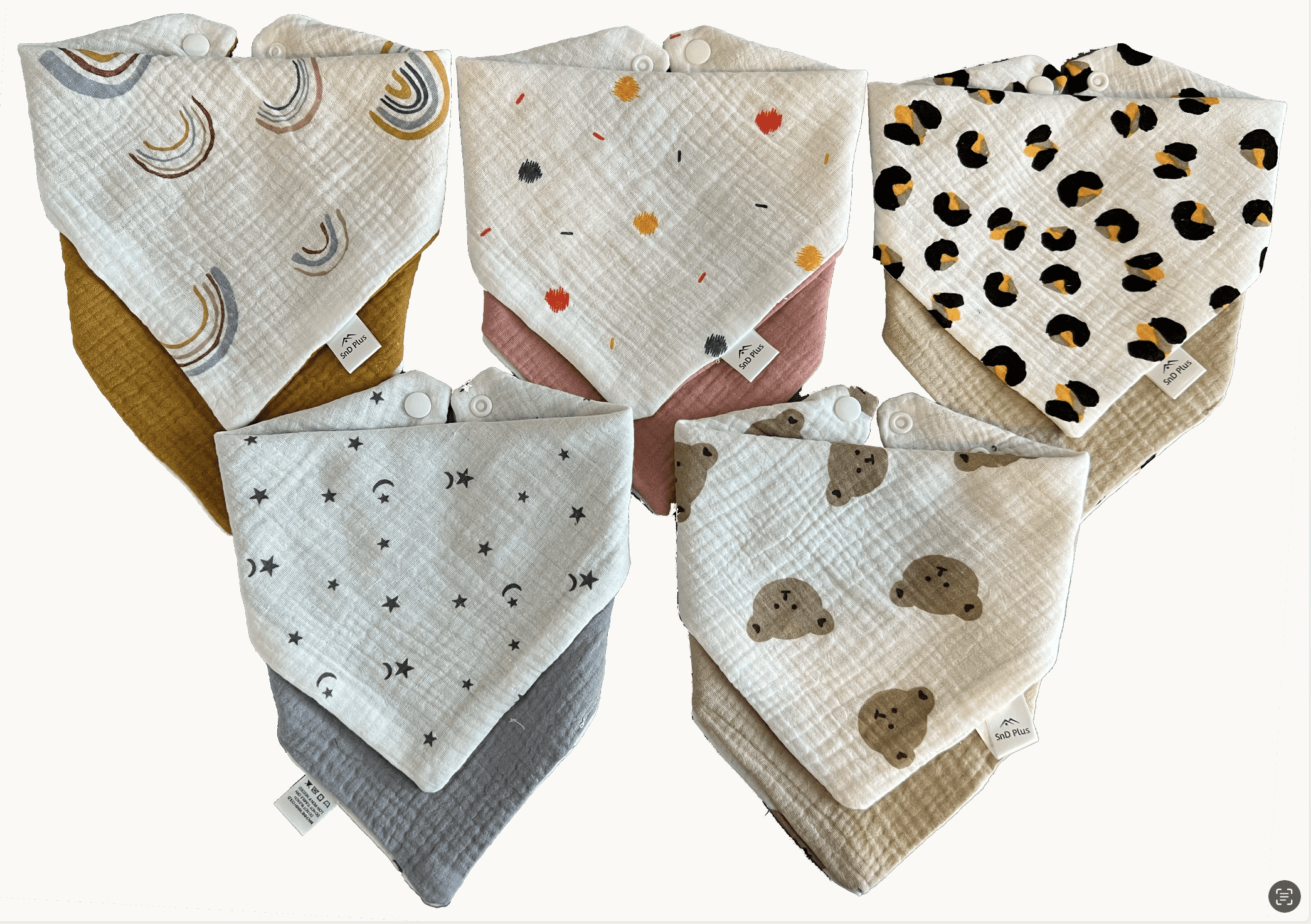 SnD Plus Muslin Bibs 2 Layers Cotton Triangle Reversible Baby Bibs 5 ...