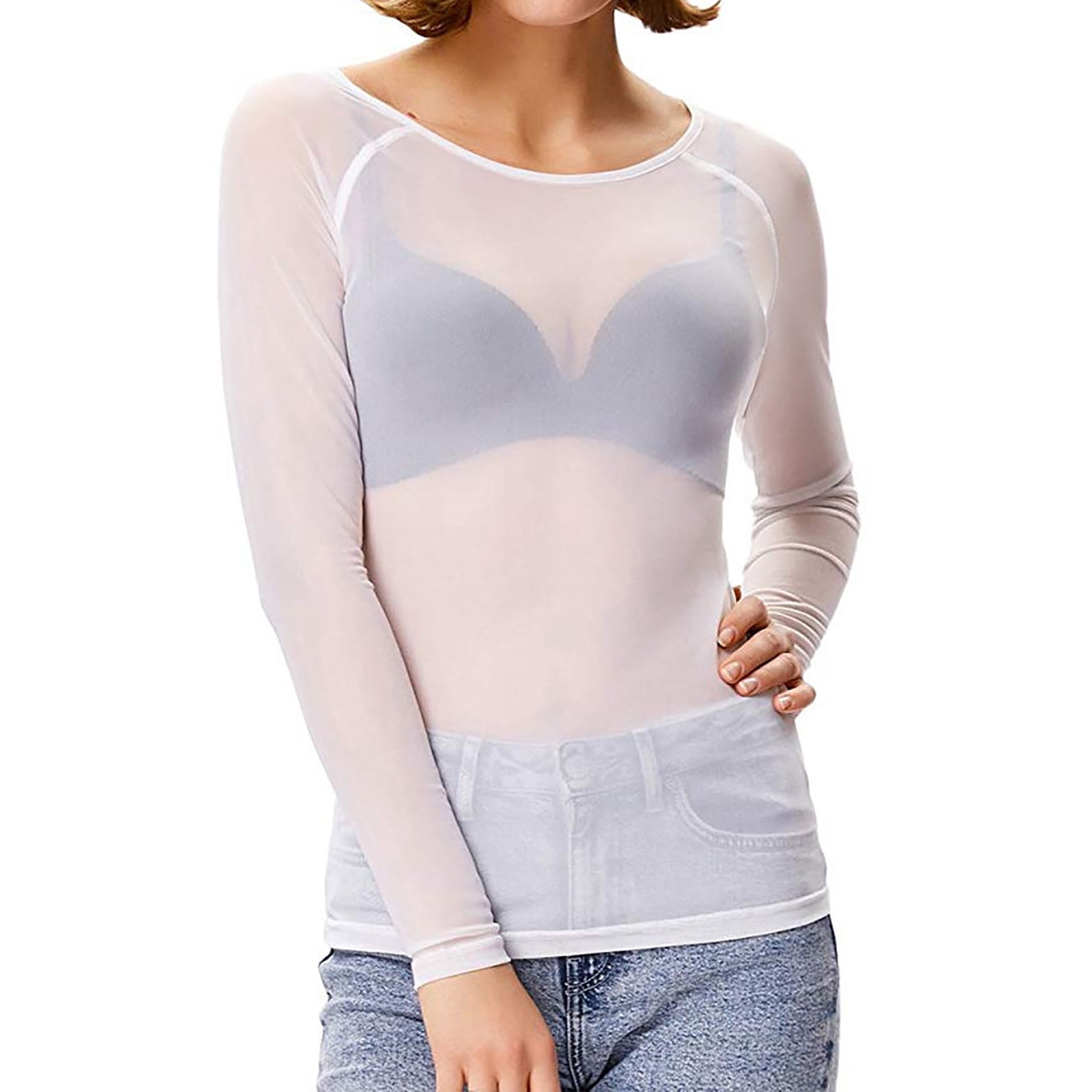SnZhen Women's Casual Mesh Top Fashion Solid Color See-Through Long Sleeve Round Neck Sexy ...