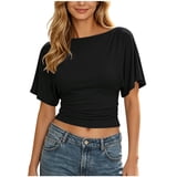SnZhen Women's Crew Neck Short Sleeve Ruched Crop Top with Tie Back ...