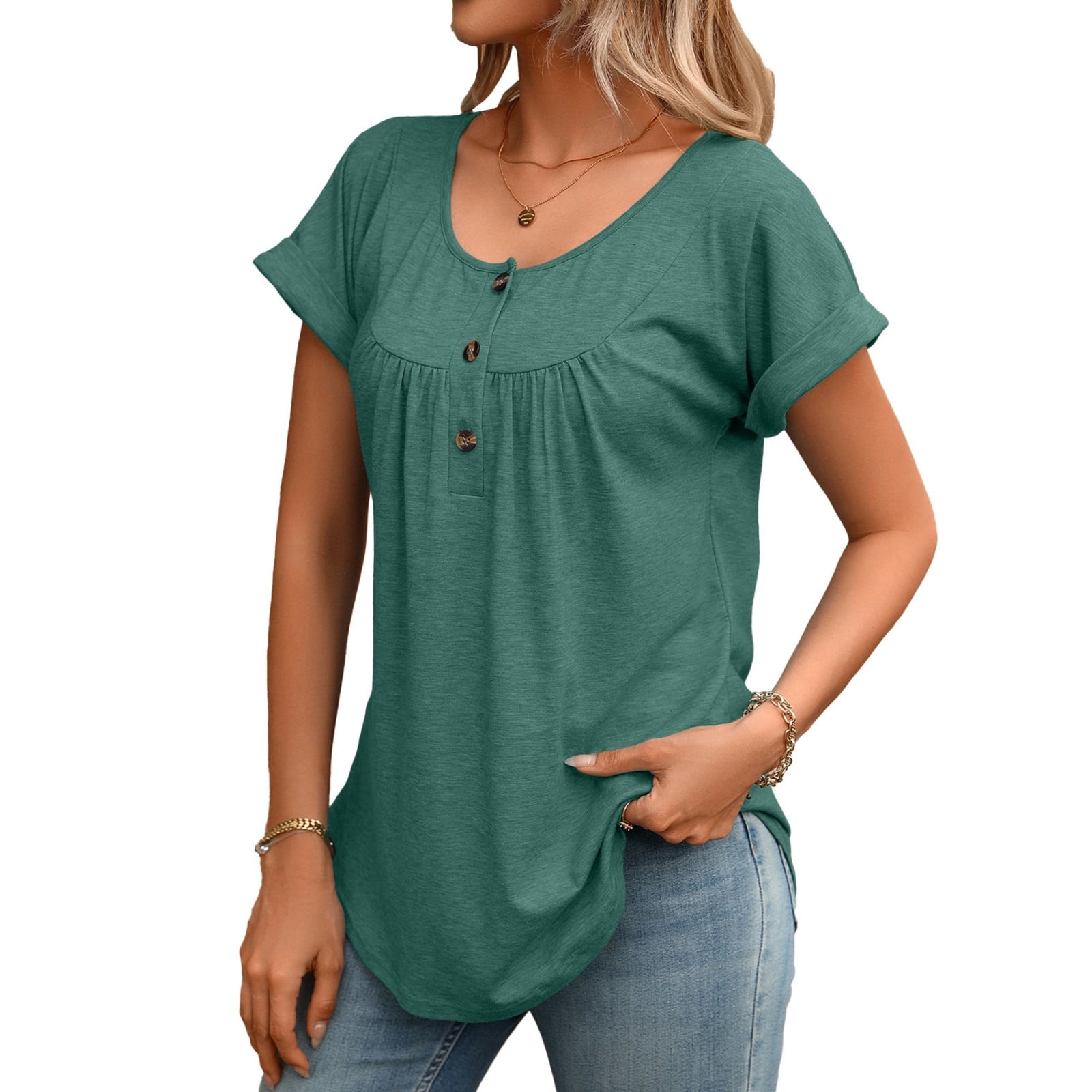 SnZhen Women's Round Neck Short Sleeve Henley Pleated Casual Tunic Top ...
