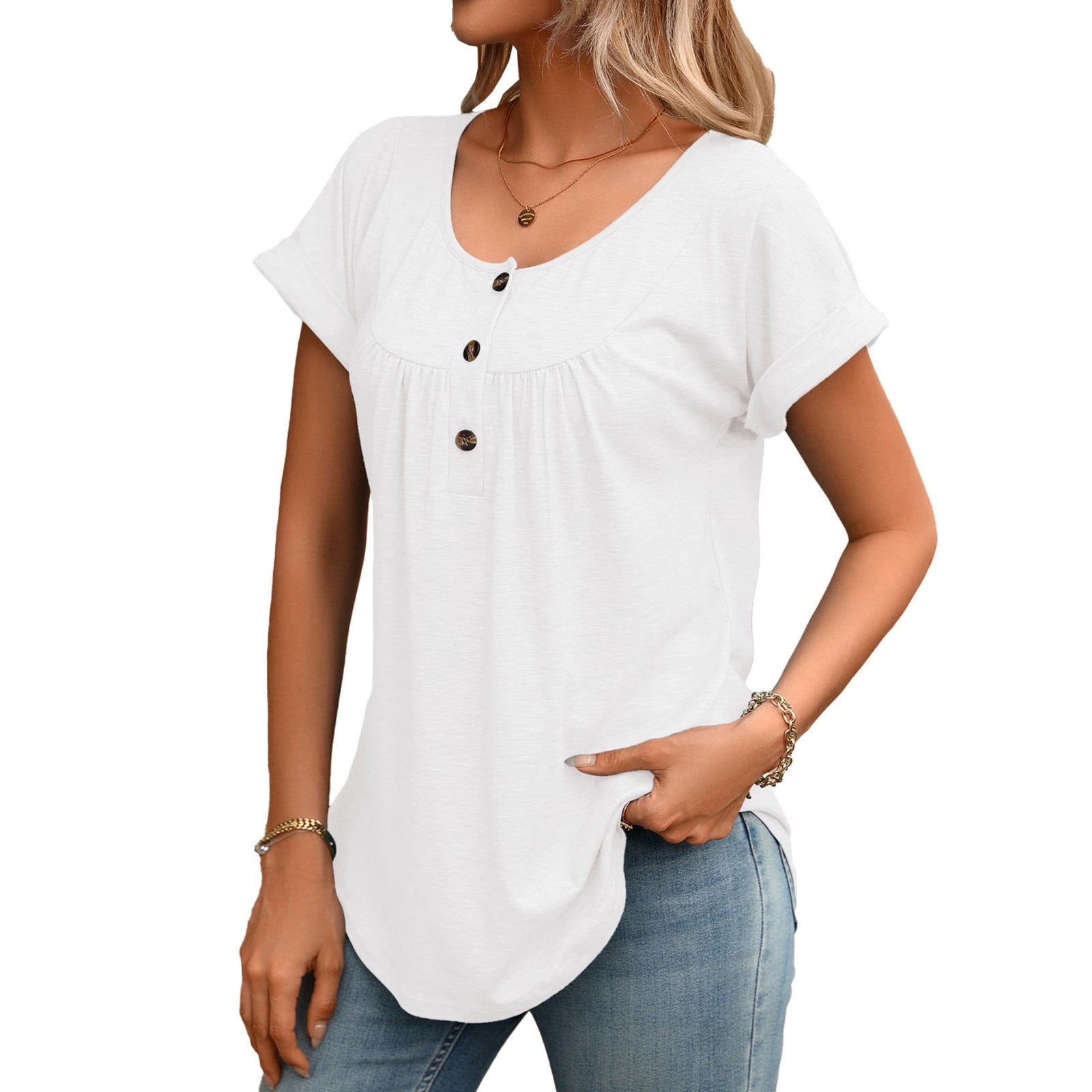 SnZhen Women's Round Neck Short Sleeve Henley Pleated Casual Tunic Top ...
