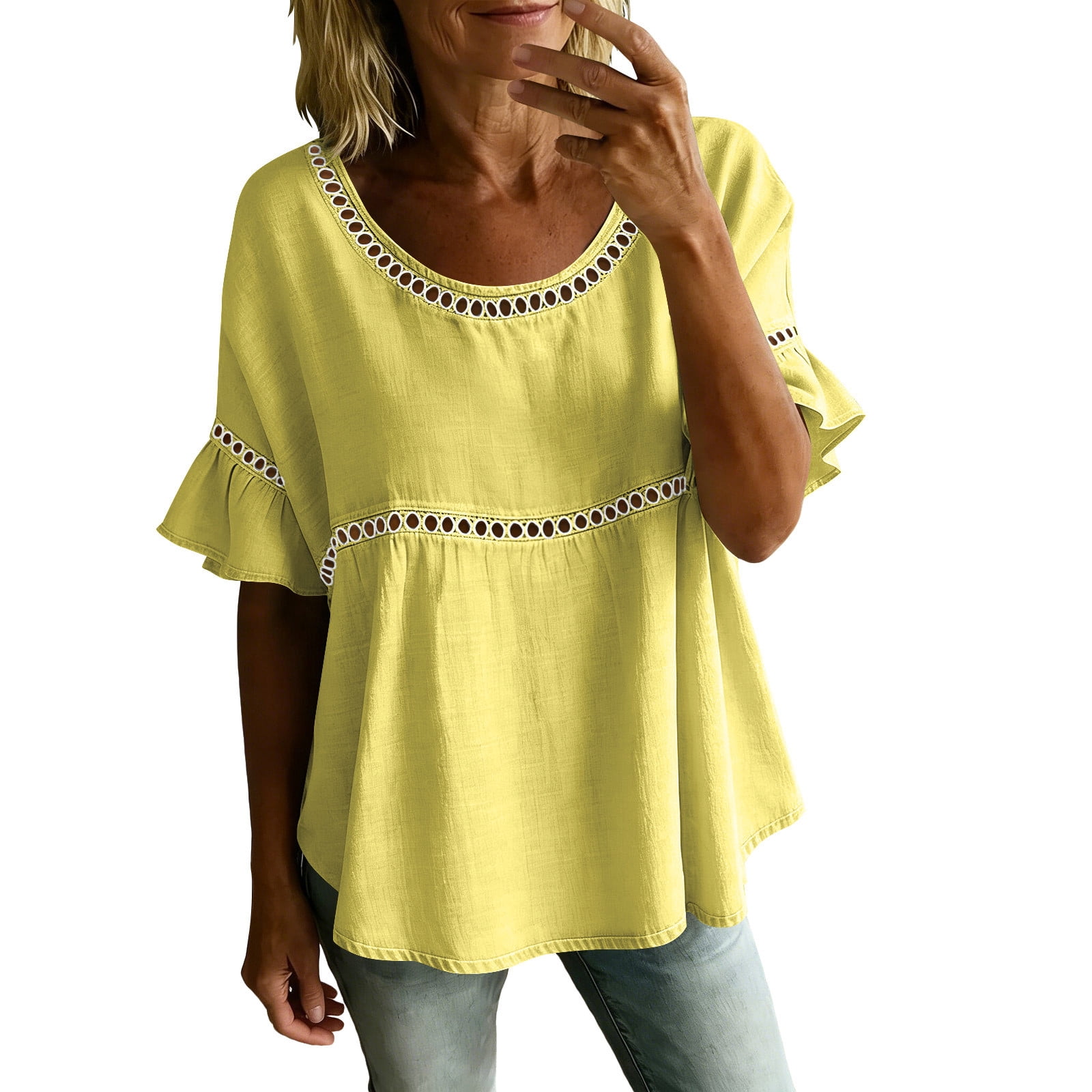 SnZhen Women's Summer Round Neck Blouse, Solid Ruffle Short Sleeve ...