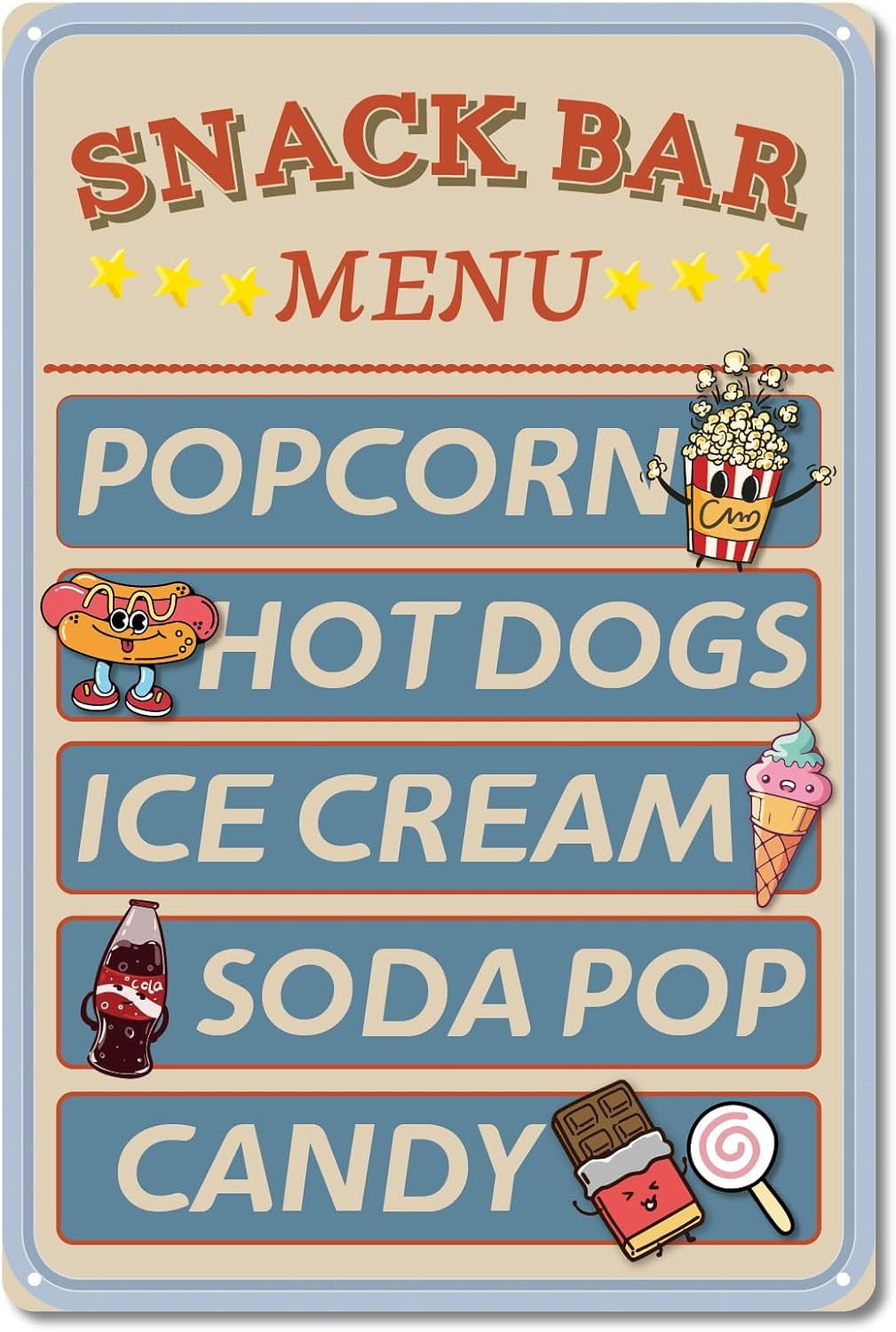 Snack Bar Menu Metal Tin Signcorn Hot Dogs Ice Cream Soda Candy Signs ...