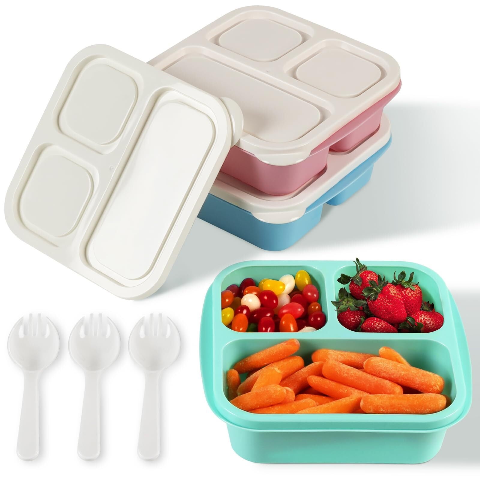 A Snack Box Container with lids, Reusable 3 Compartment Bento Lunchable ...