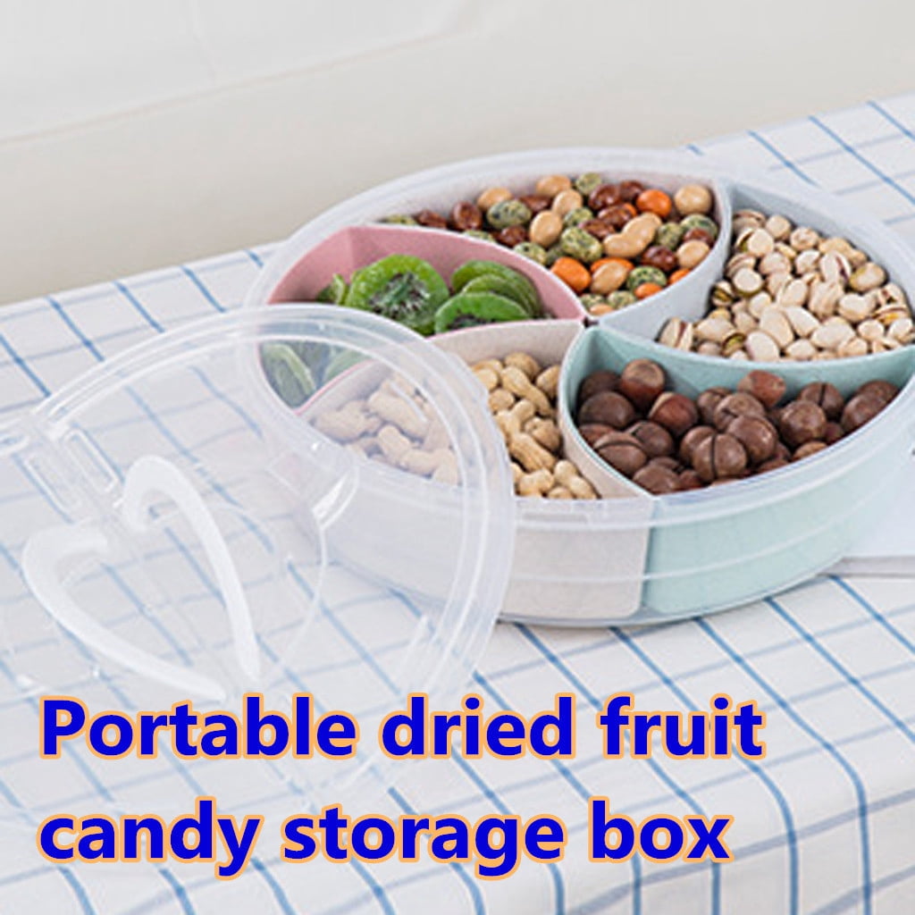 Snack Box with Lid and Handle, Divided Tray Large Round Plastic ...