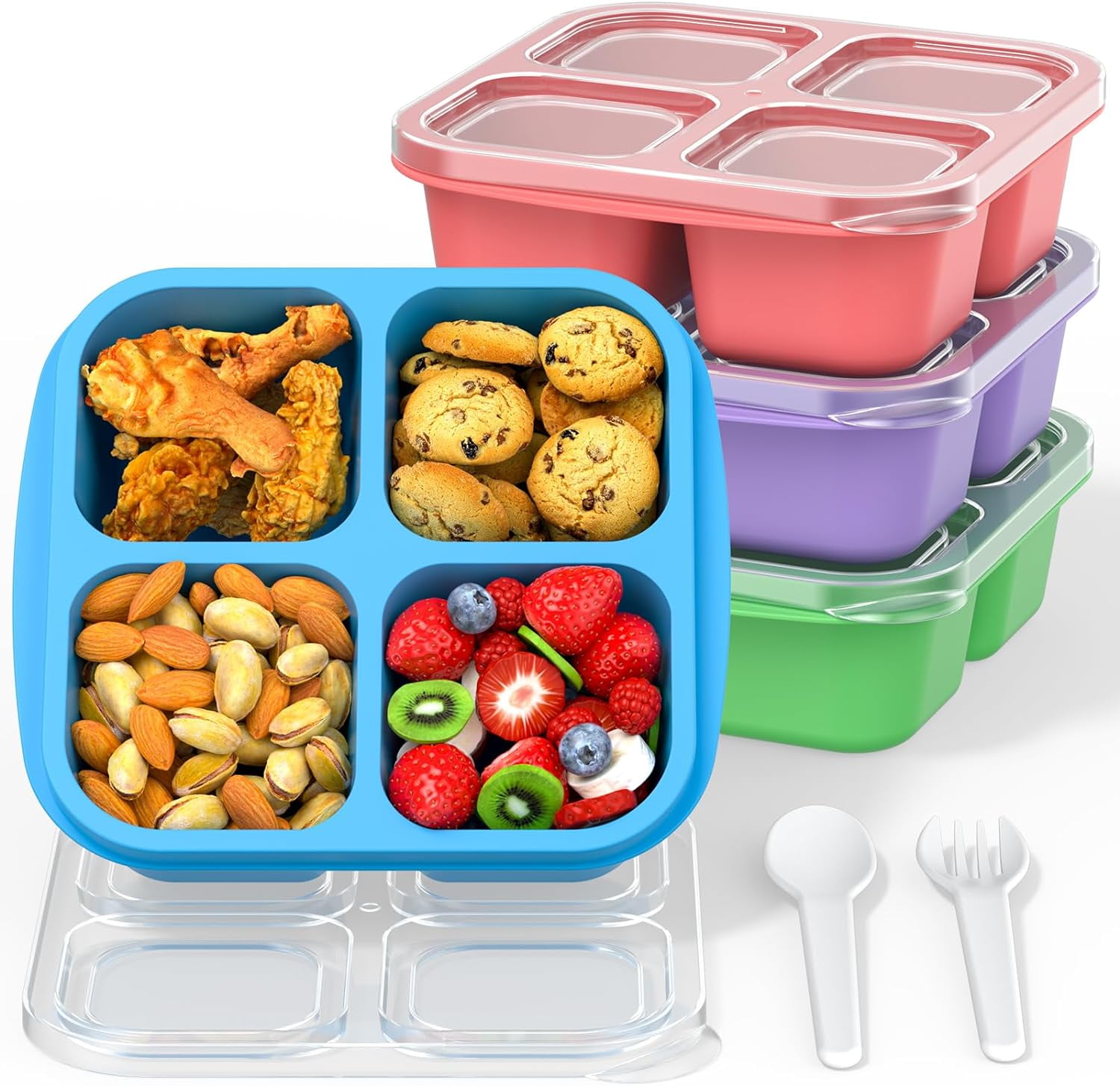 Snack Boxes (4 Pack)- Reusable 4-Compartment Meal Prep Containers for ...