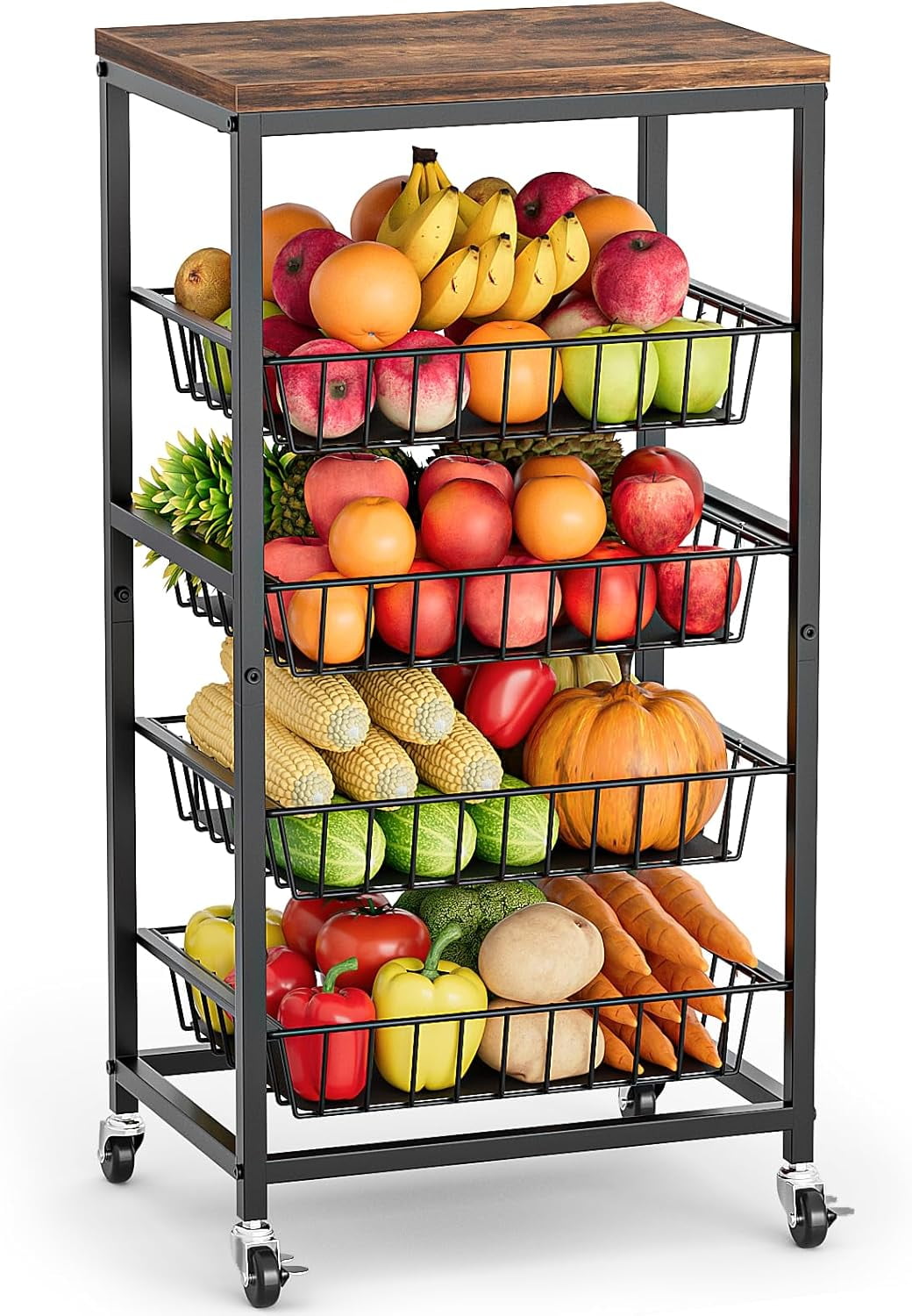 Snack Cart, 5-Tier Kitchen Carts on Wheels with Storage,Fruit Basket Stand with Pull-Out Baskets ...