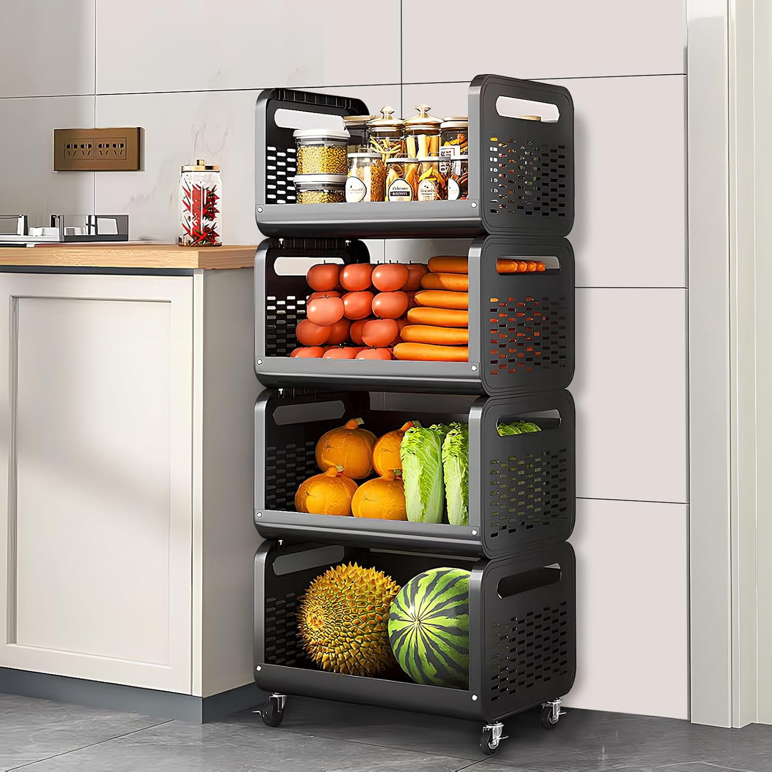 Snack Cart with Wheels for Kitchen Organizer and Storage, 4 Tier ...