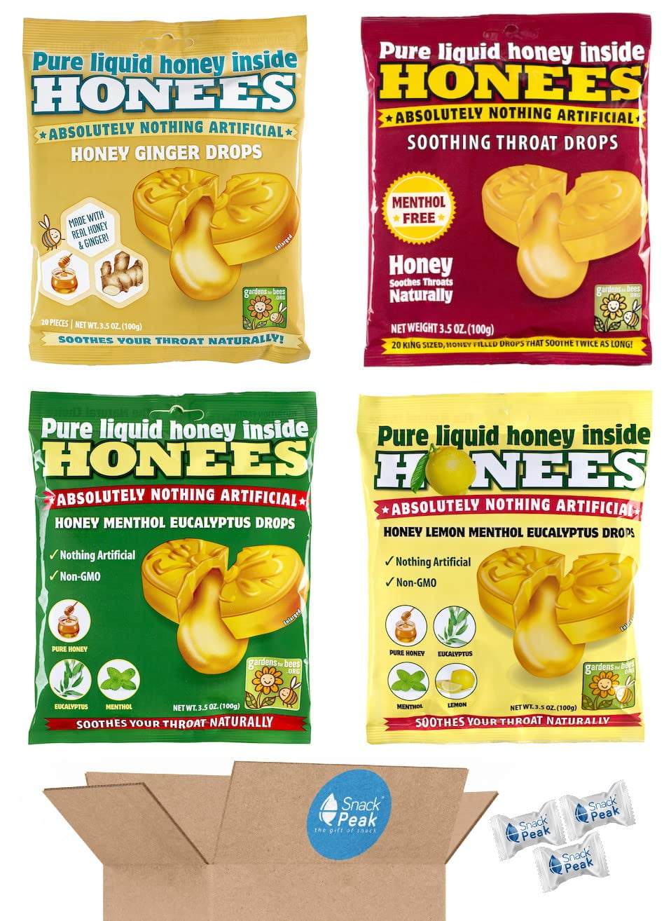 Snack Peak Honees Honey YPF5 Filled Cough Drops Variety Gift Box - Honey, Honey Ginger, Honey ...