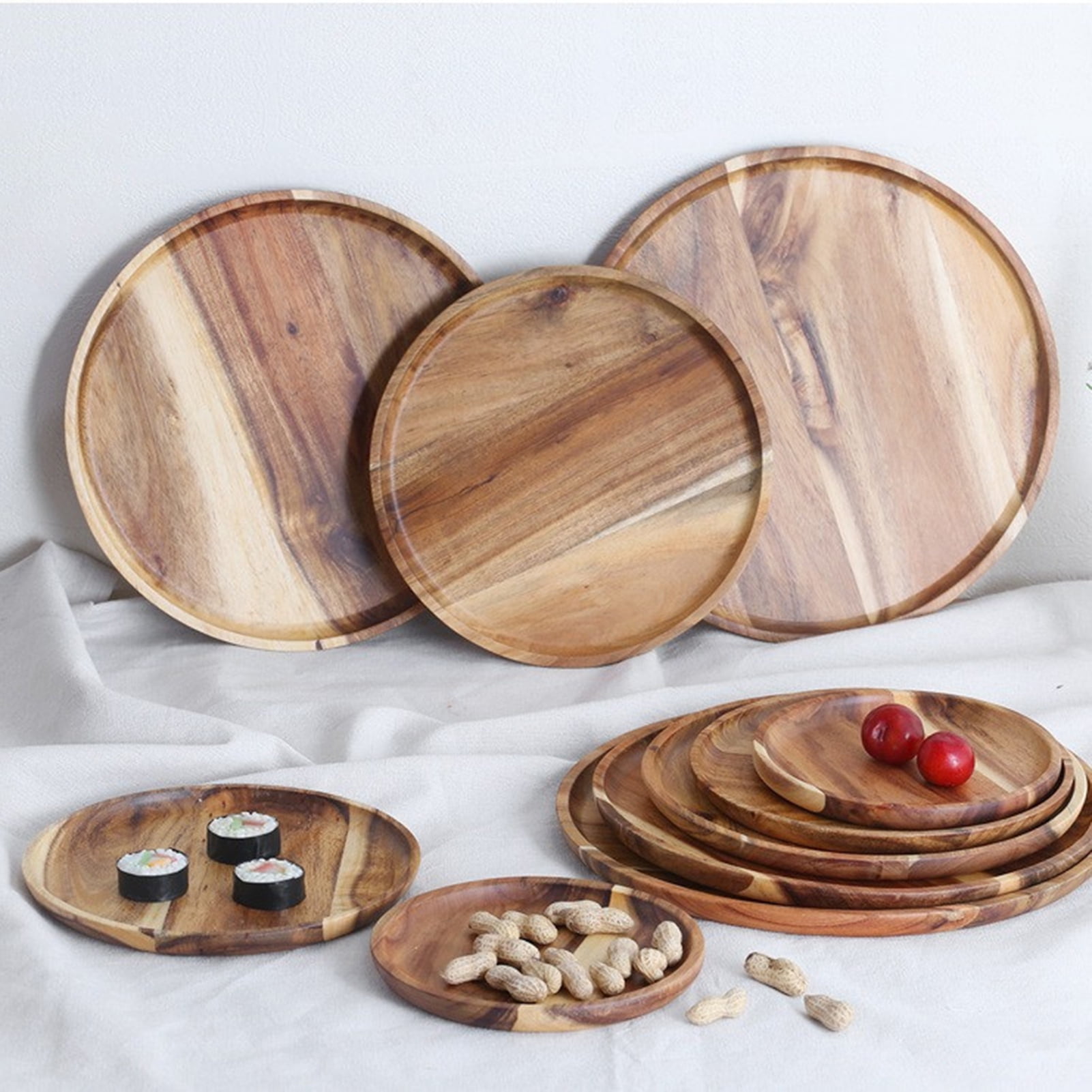 Snack Plate Round Shaped Space-saving Wooden Sandwich Bread Tea Tray ...