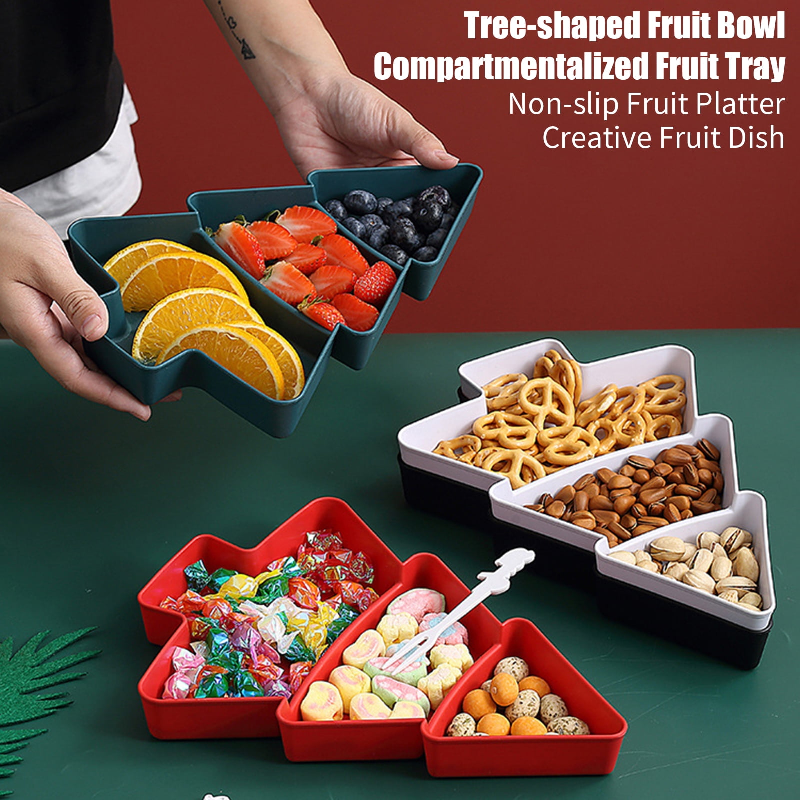 Snack Trays Christmas Tree Shape with Three Compartments Fruit Dessert ...
