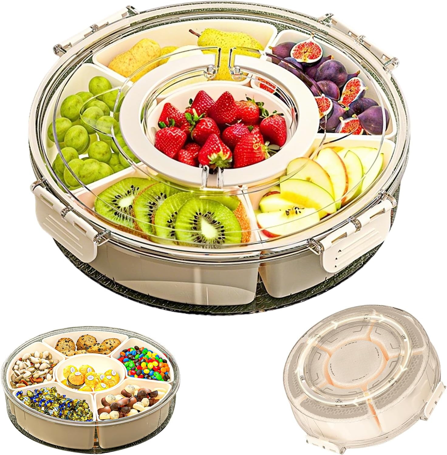 Snackle Box Container Divided Rotating Serving Tray with Lid and Handle ...
