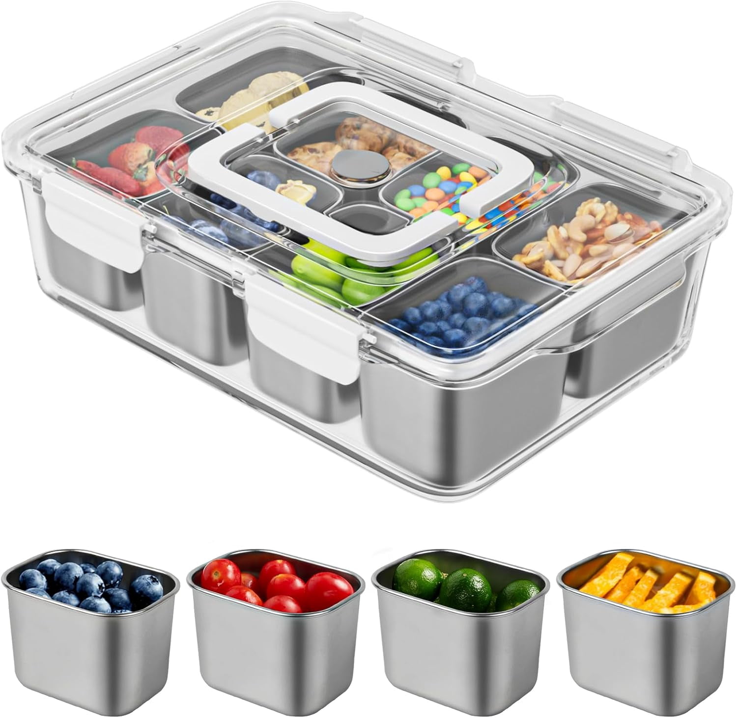 Snackle Box Container, Stainless Steel Divided Serving Tray with Lid ...