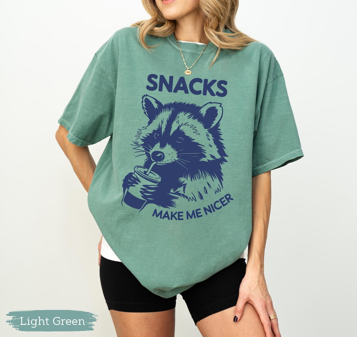 Snacks Make Me Nicer T-Shirt, Funny Raccoon Meme Shirt, Retro Vintage Snack Lover Shirt ...
