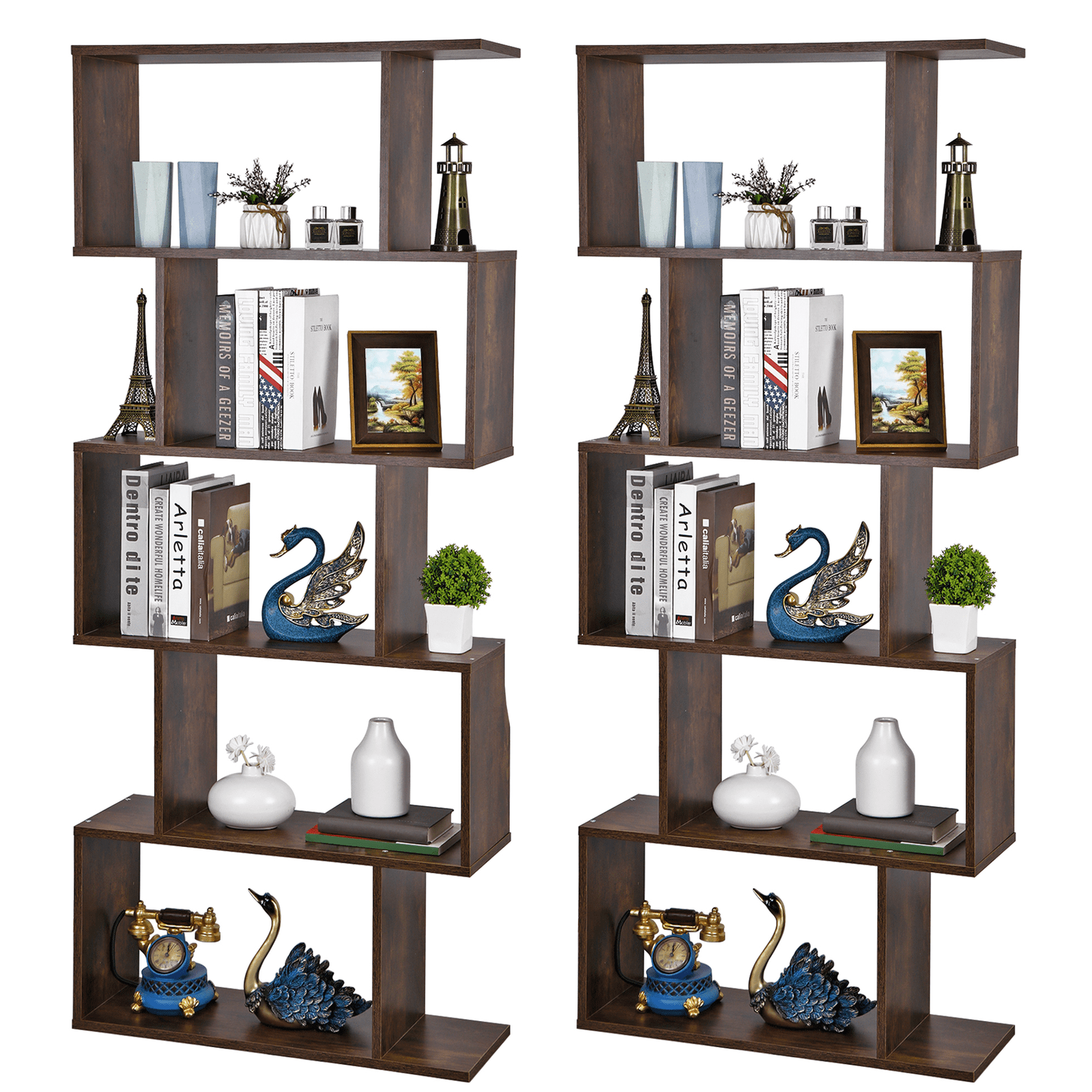 SnagHub 2X Wood Bookcase, 5-Tier Bookshelf Geometric S-Shaped Shelf ...