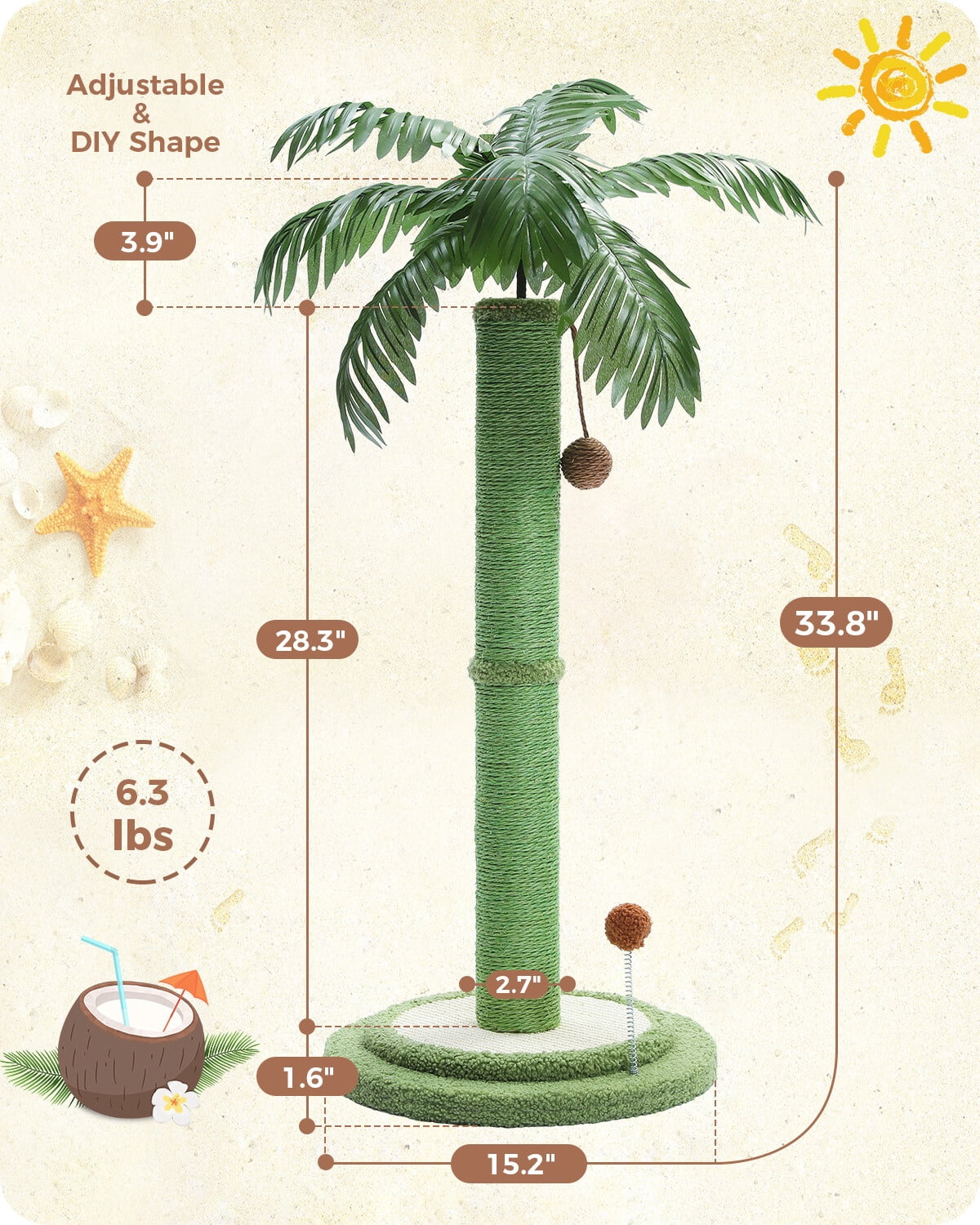 SnagHub Cat Scratching Post with Hanging Ball,33 inch Tall Cute Cat ...