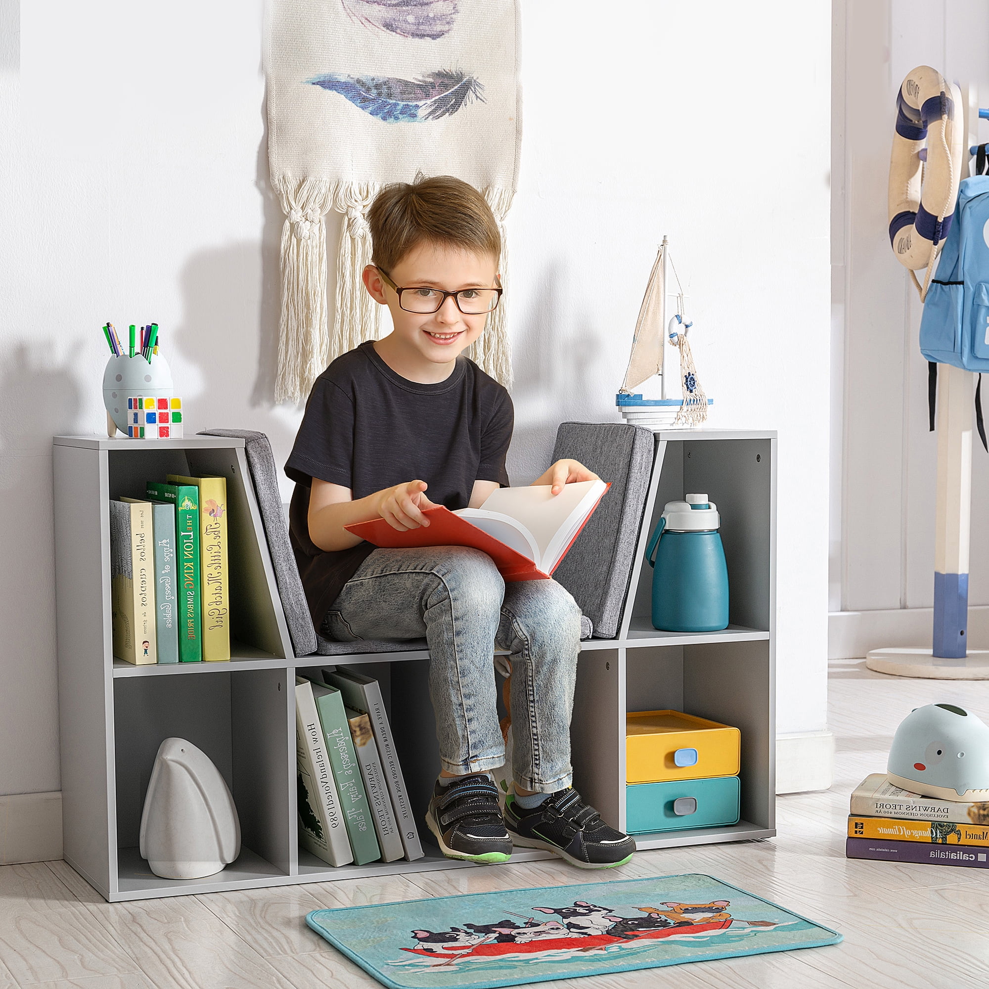 SnagHub Kids Bookshelf with Reading Nook, 6 Cubby Bookcase with Soft ...