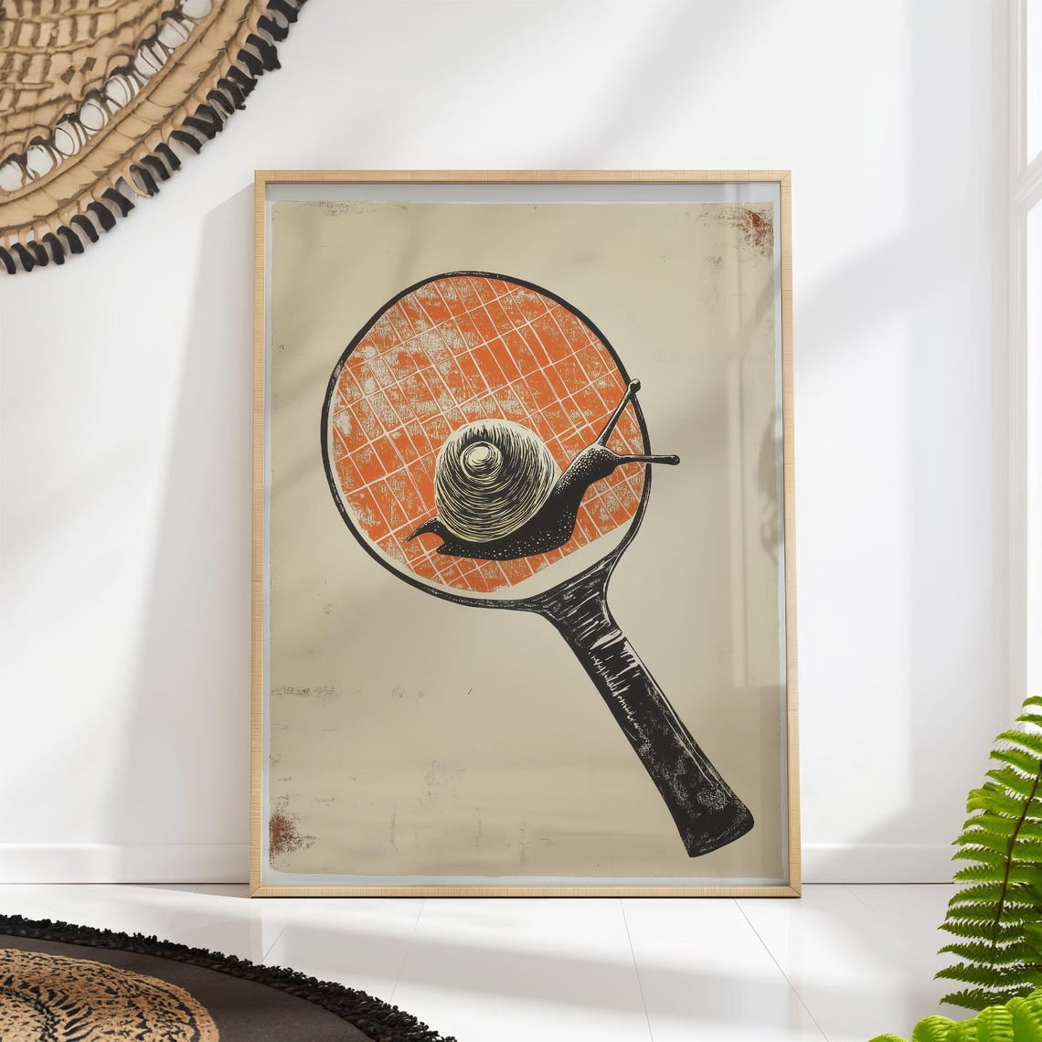 Snail On Ping Pong Racket Print - Whimsical Linocut, Fun Retro Animal ...
