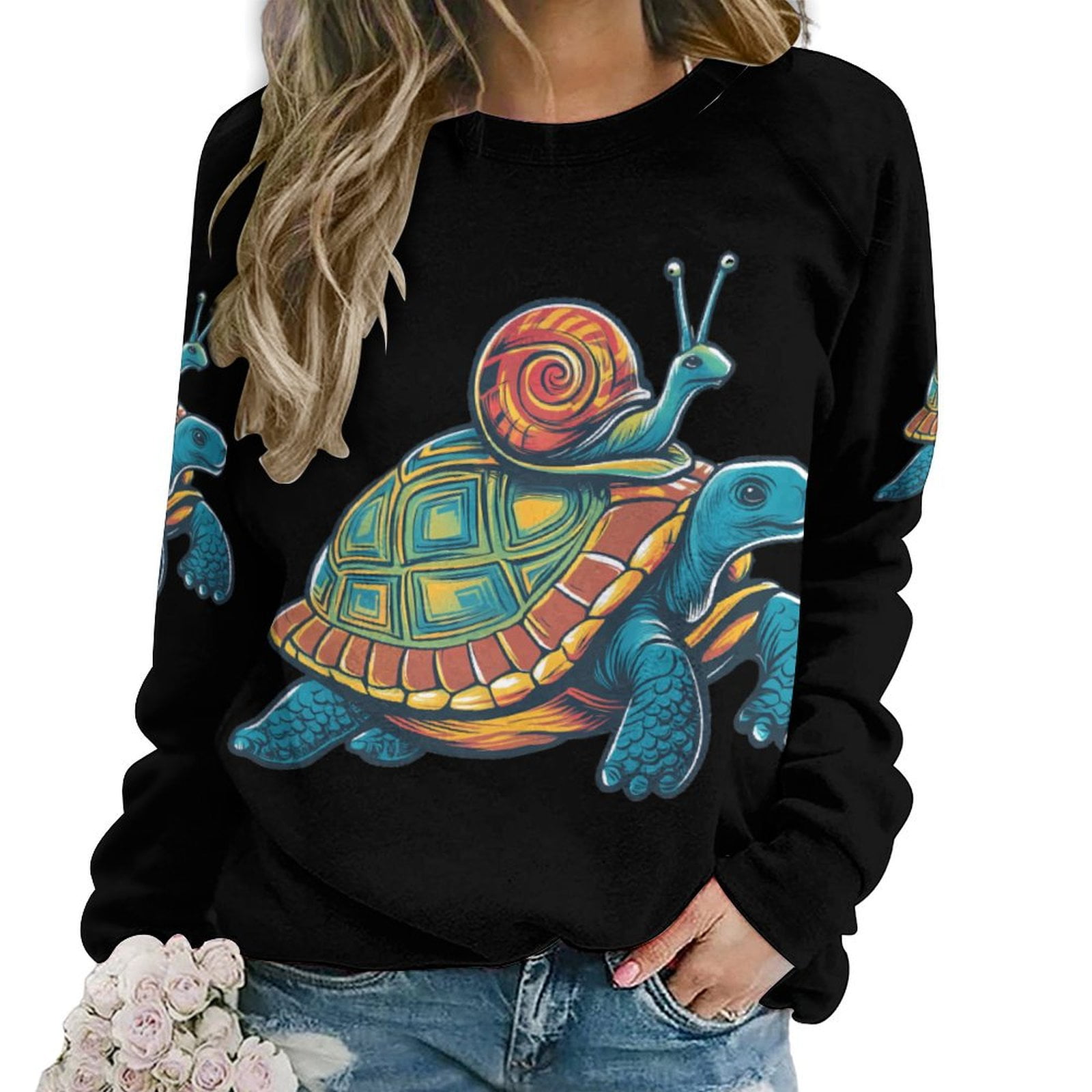 Snail Riding on Turtle Sweatshirt for Women Long Sleeve Crewneck ...