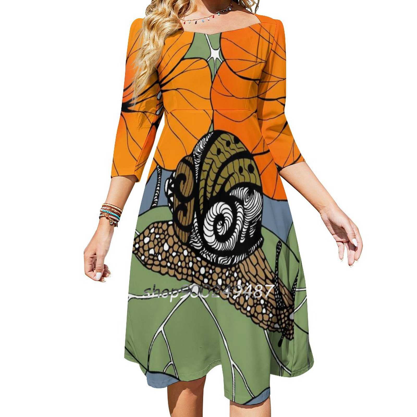 Snail With Nasturtiums Square Neck Dress Sweet Summer Dress Women ...