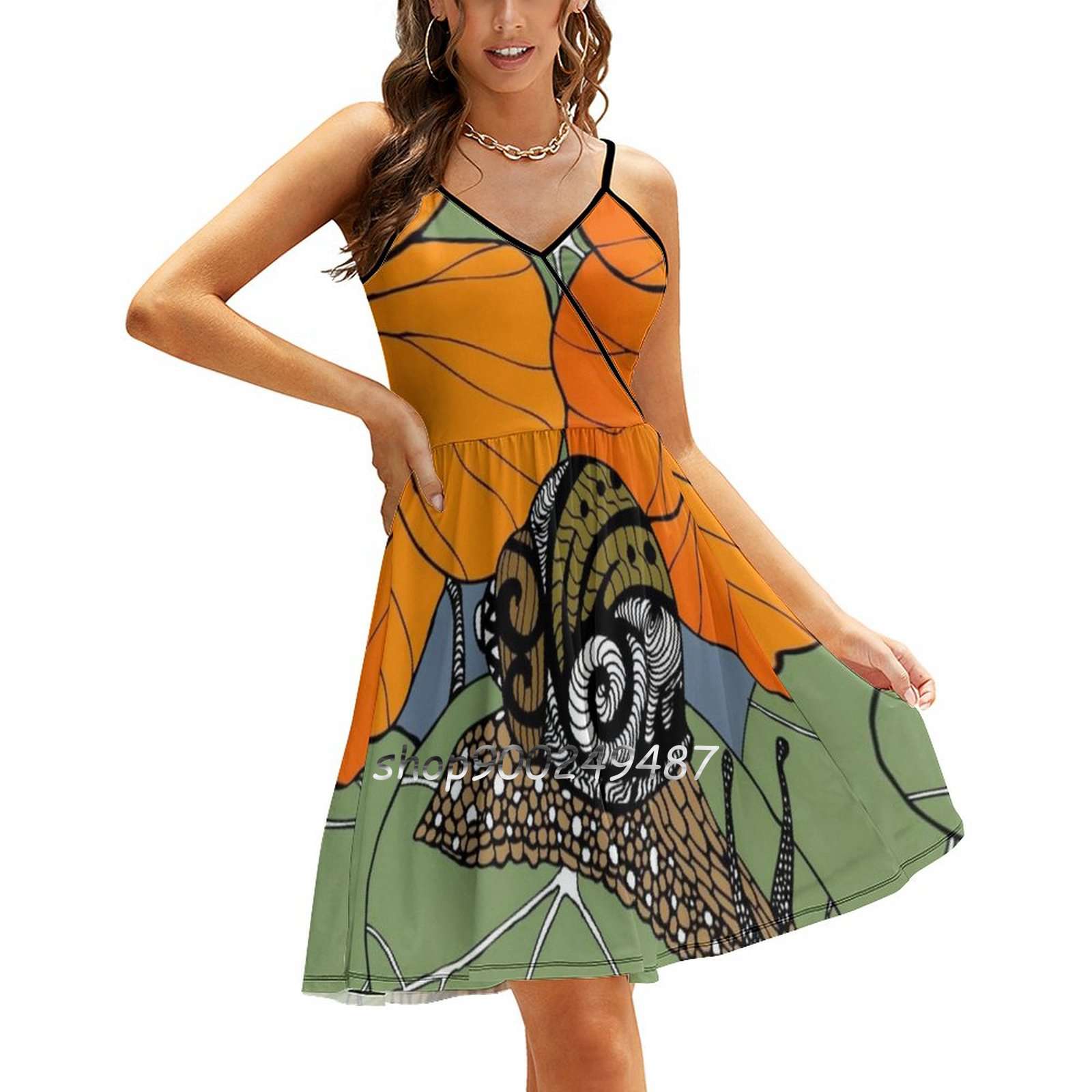 Snail With Nasturtiums Square Neck Dress Sweet Summer Dress Women ...