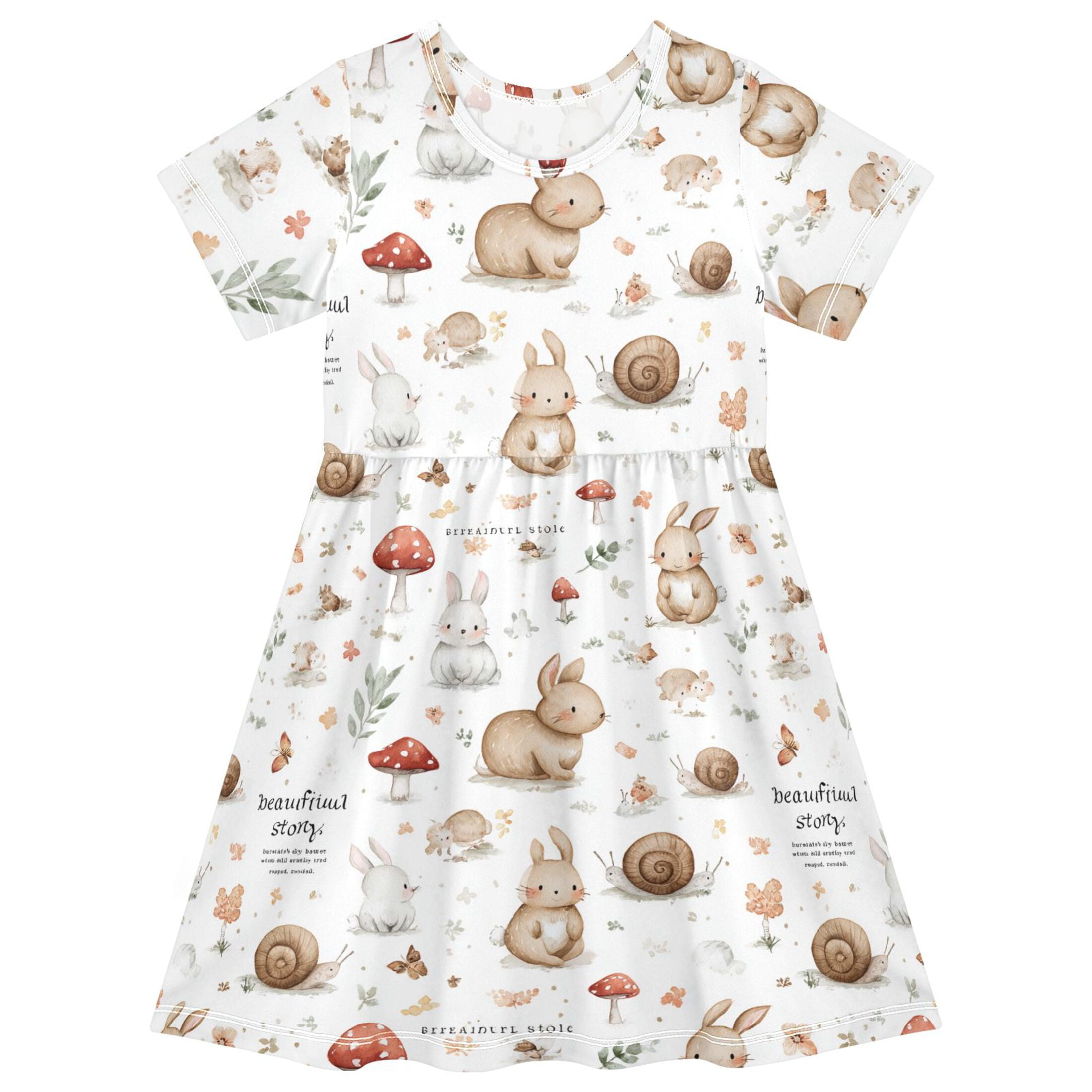 Snail and Mushroom Rabbit Short Sleeve Dress A-Line Cute Midi Casual ...