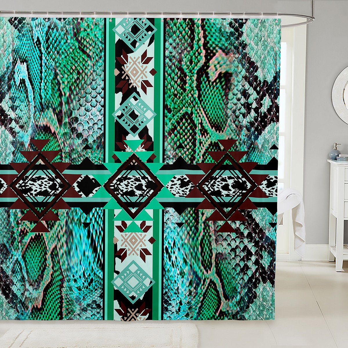 Snake Bath Curtain Green Snake Hide Wall Art Exotic Tribal Arrow Aztec ...
