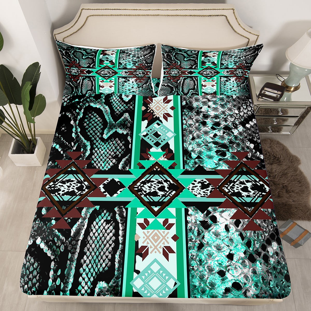 Snake Bed Sheets Black Green Snake Hide Bedding Set Exotic Arrow Aztec ...