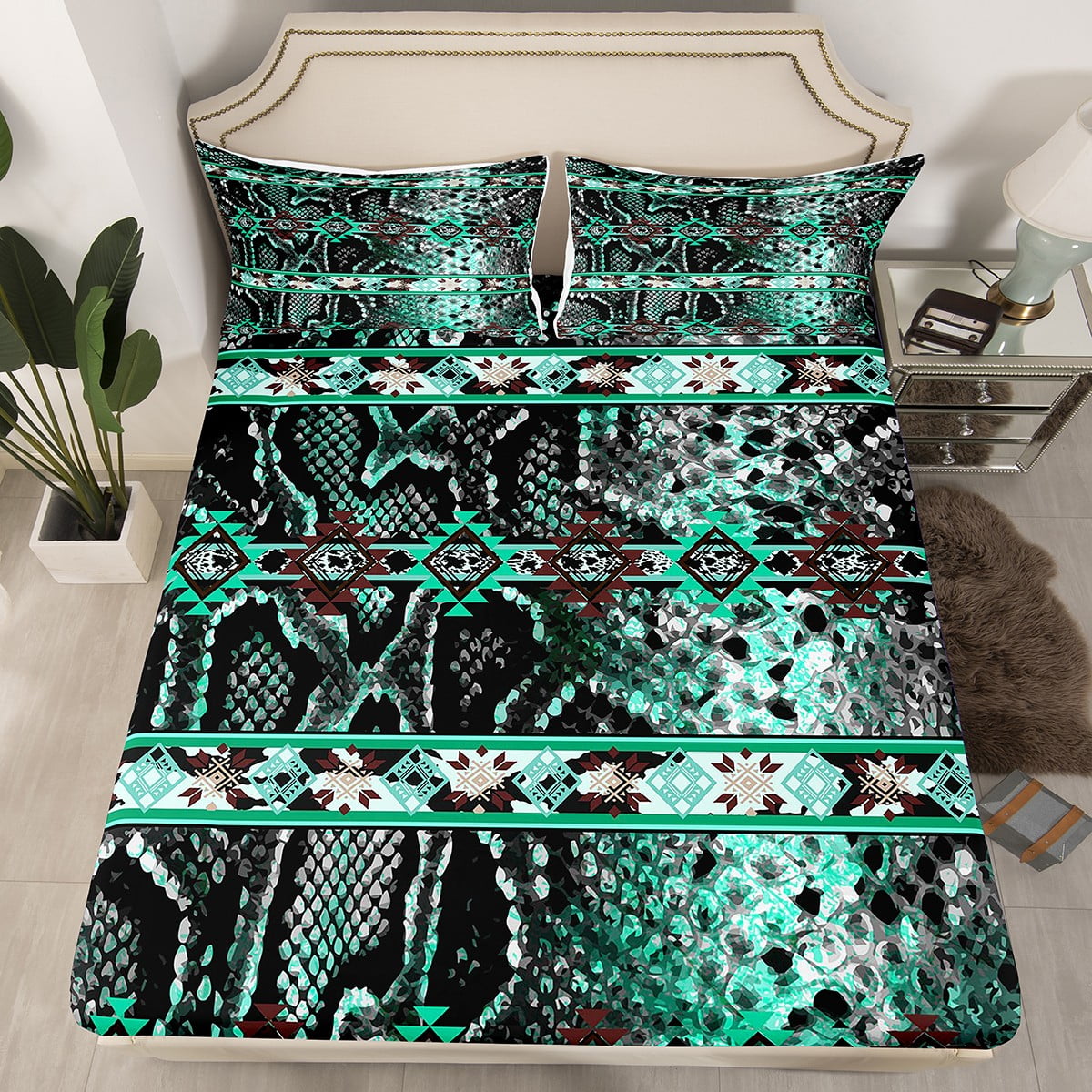 Snake Bed Sheets Black Green Snake Hide Fitted Sheet Exotic Arrow Aztec ...