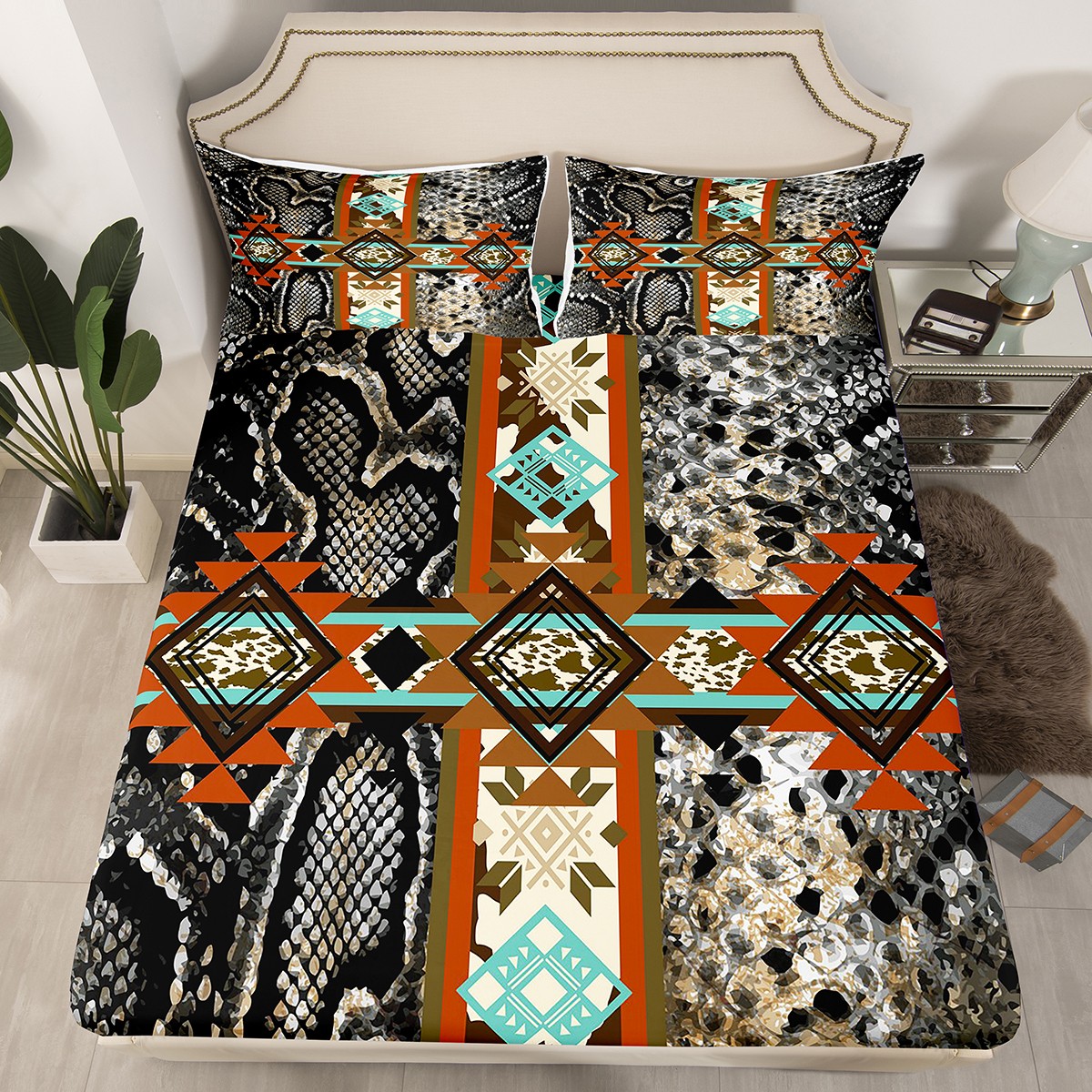 Snake Bed Sheets Black Snake Hide Bedding Set Exotic Arrow Aztec Fitted ...