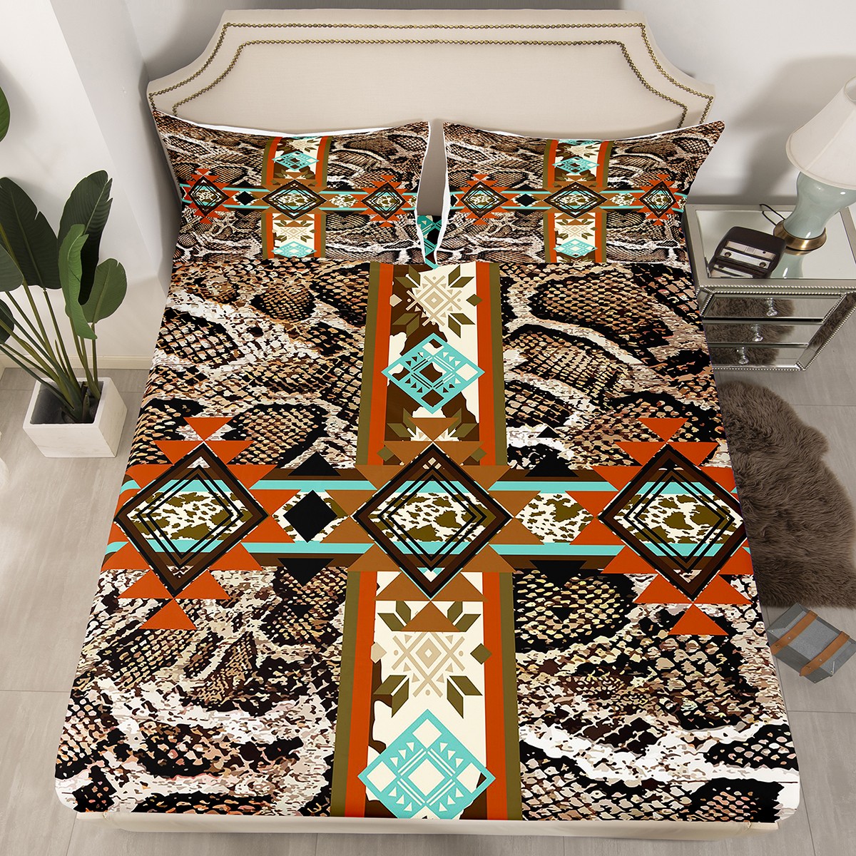 Snake Bed Sheets Brown Snake Hide Bedding Set Exotic Arrow Aztec Fitted ...