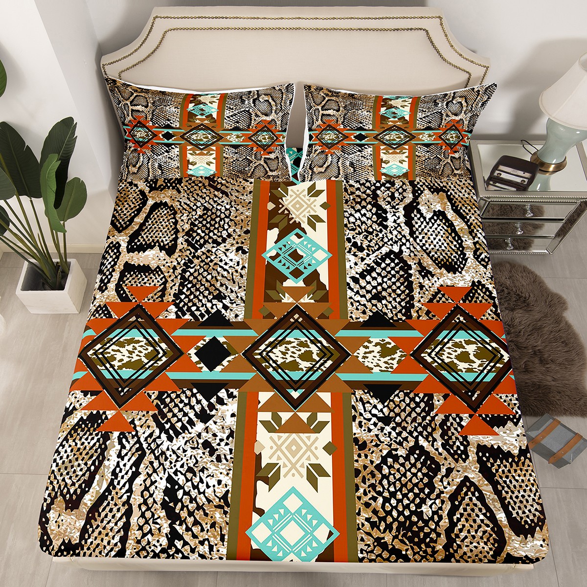 Snake Bed Sheets Brown Snake Hide Bedding Set Exotic Arrow Aztec Fitted ...