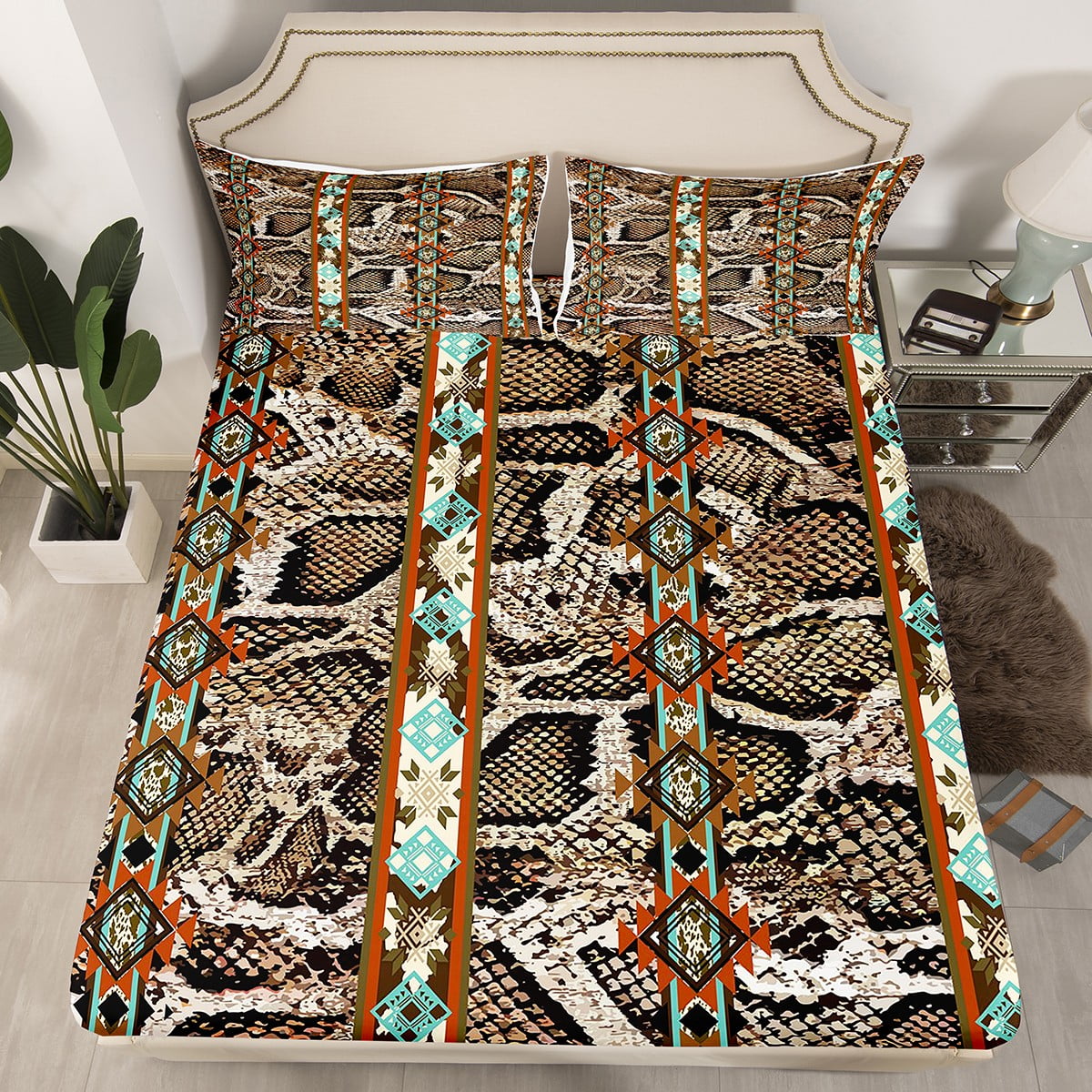 Snake Bed Sheets Brown Snake Hide Bedding Set Exotic Arrow Aztec Fitted ...