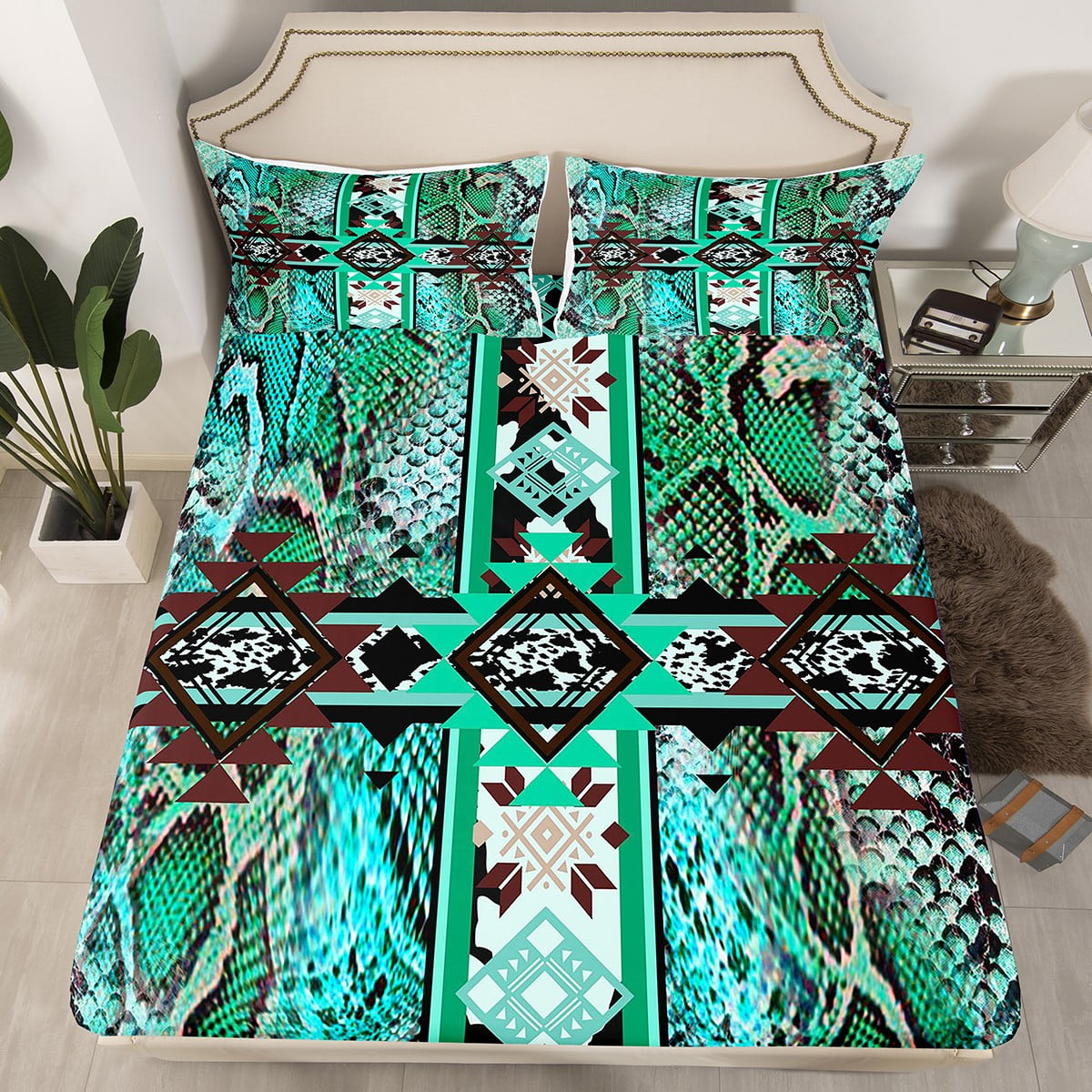 Snake Bed Sheets Green Snake Hide Bedding Set Exotic Arrow Aztec Fitted ...