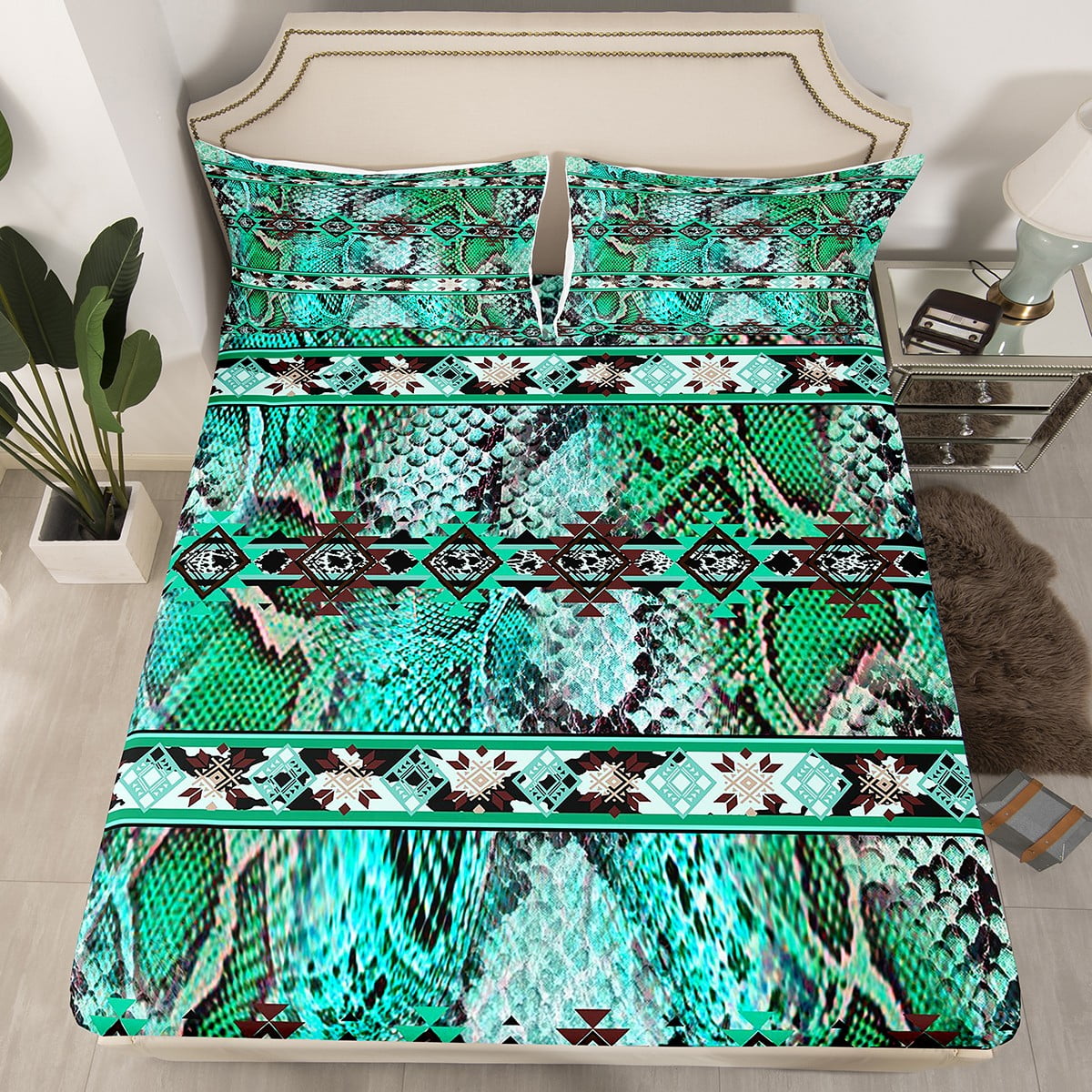 Snake Bed Sheets Green Snake Hide Fitted Sheet Exotic Arrow Aztec ...
