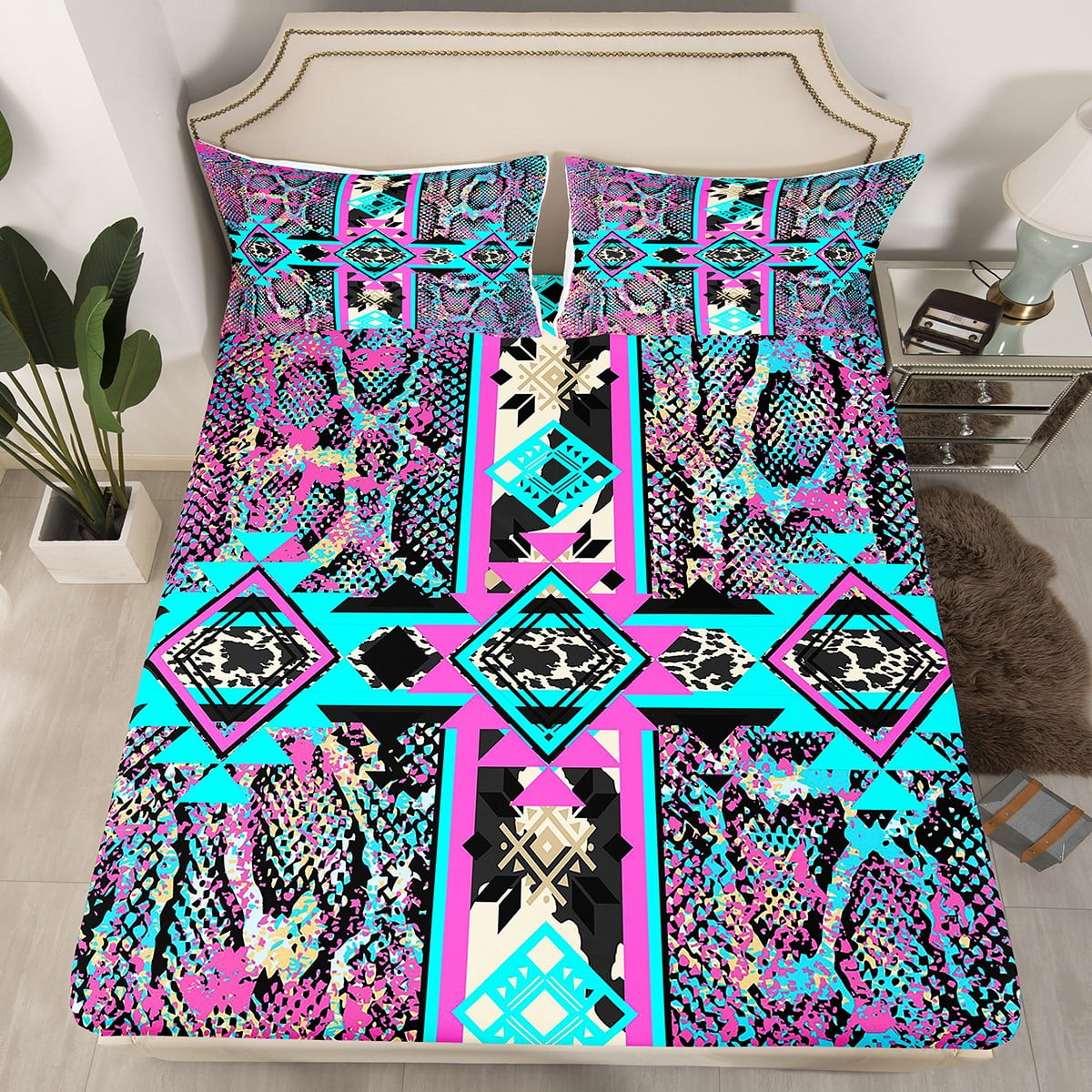 Snake Bed Sheets Purple Teal Snake Hide Bedding Set Exotic Arrow Aztec ...