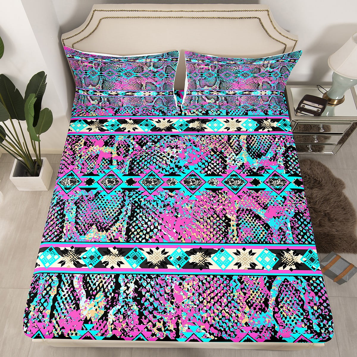 Snake Bed Sheets Purple Teal Snake Hide Fitted Sheet Exotic Arrow Aztec ...