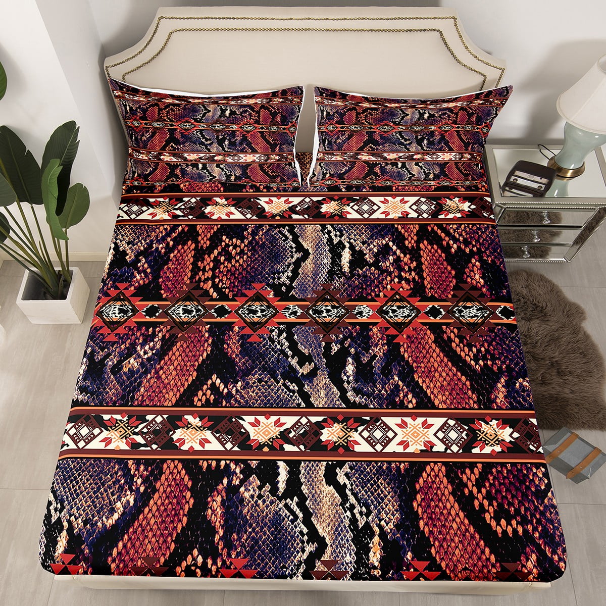 Snake Bed Sheets Red Snake Hide Fitted Sheet Exotic Arrow Aztec Bedding ...