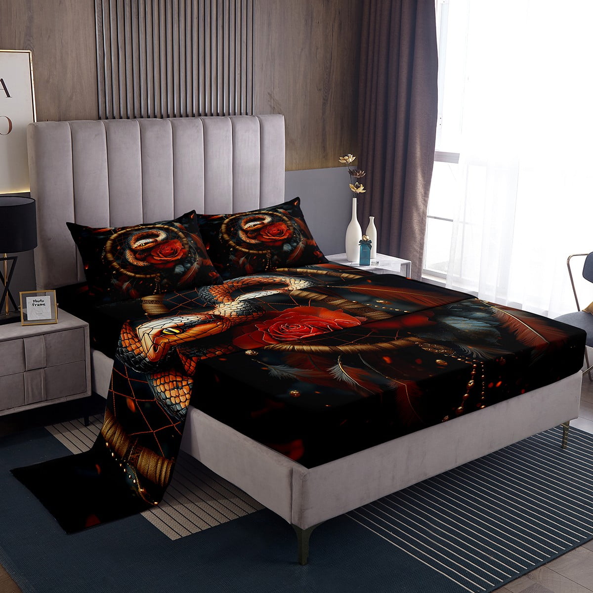 Snake Bed Sheets Set Dream Catcher Sheets,Boho Feather Flowers Red Rose ...