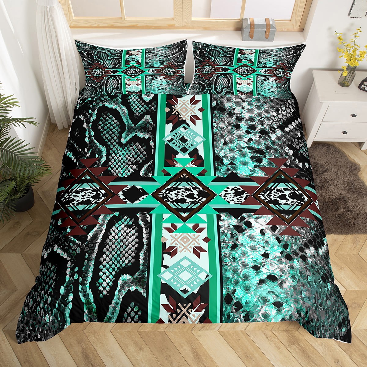 Snake Bedding Set Black Green Snake Hide Comforter Cover Exotic Ethnic ...