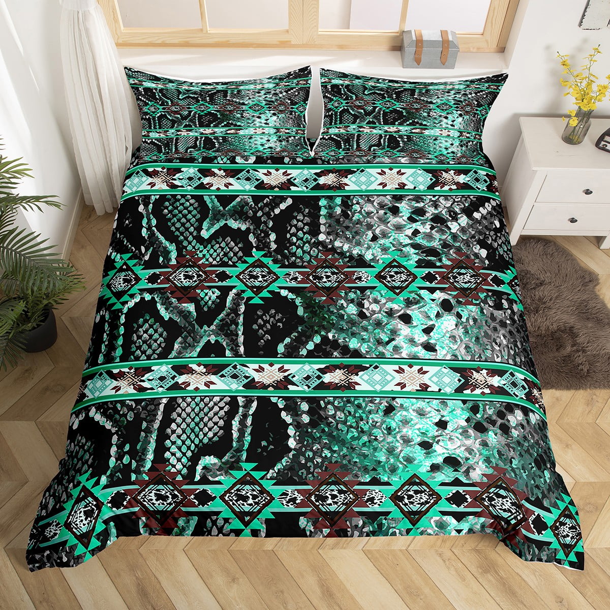 Snake Bedding Set Black Green Snake Hide Duvet Cover Exotic Ethnic ...