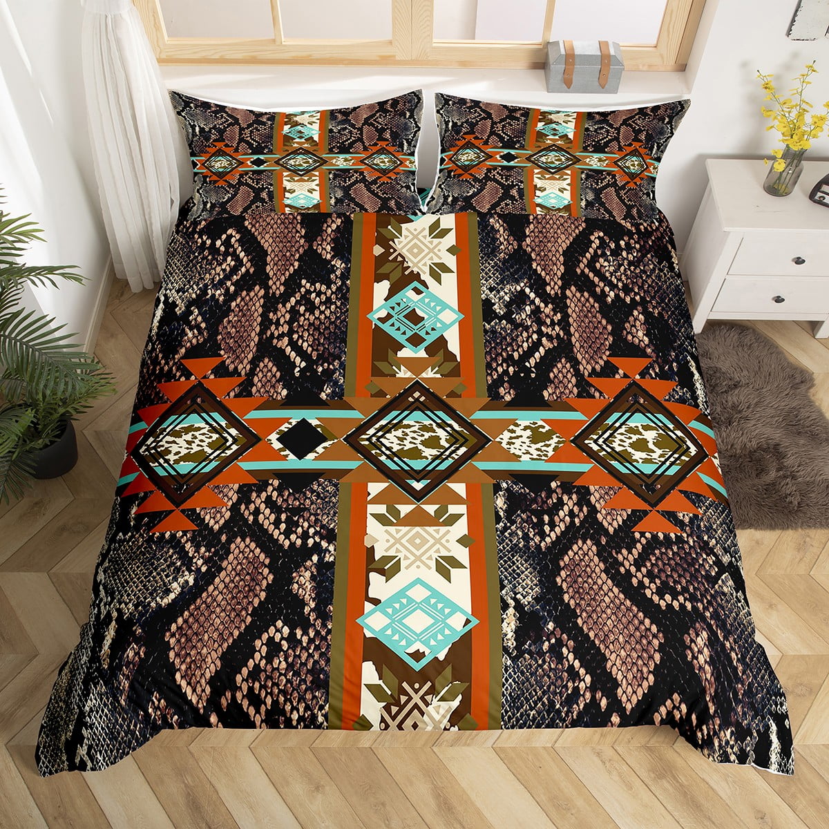 Snake Bedding Set Dark Brown Snake Hide Comforter Cover Exotic Ethnic ...