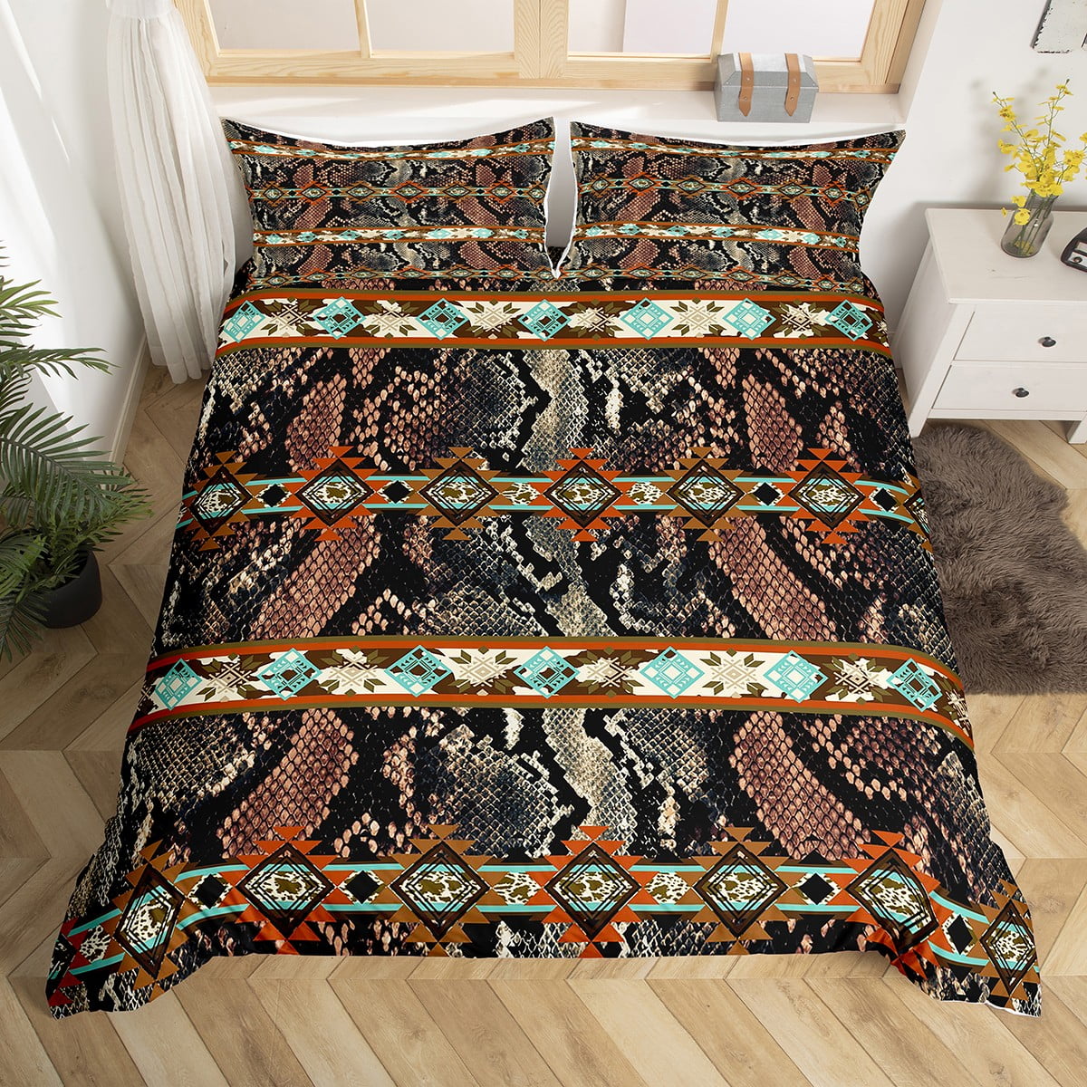 Snake Bedding Set Dark Brown Snake Hide Duvet Cover Exotic Ethnic ...