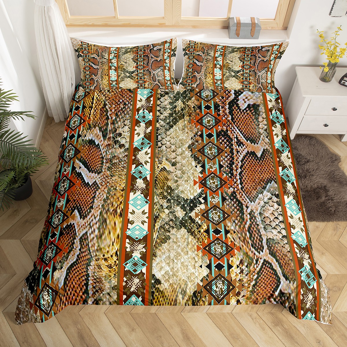 Snake Bedding Set Earth Yellow Snake Hide Comforter Cover Exotic Ethnic ...