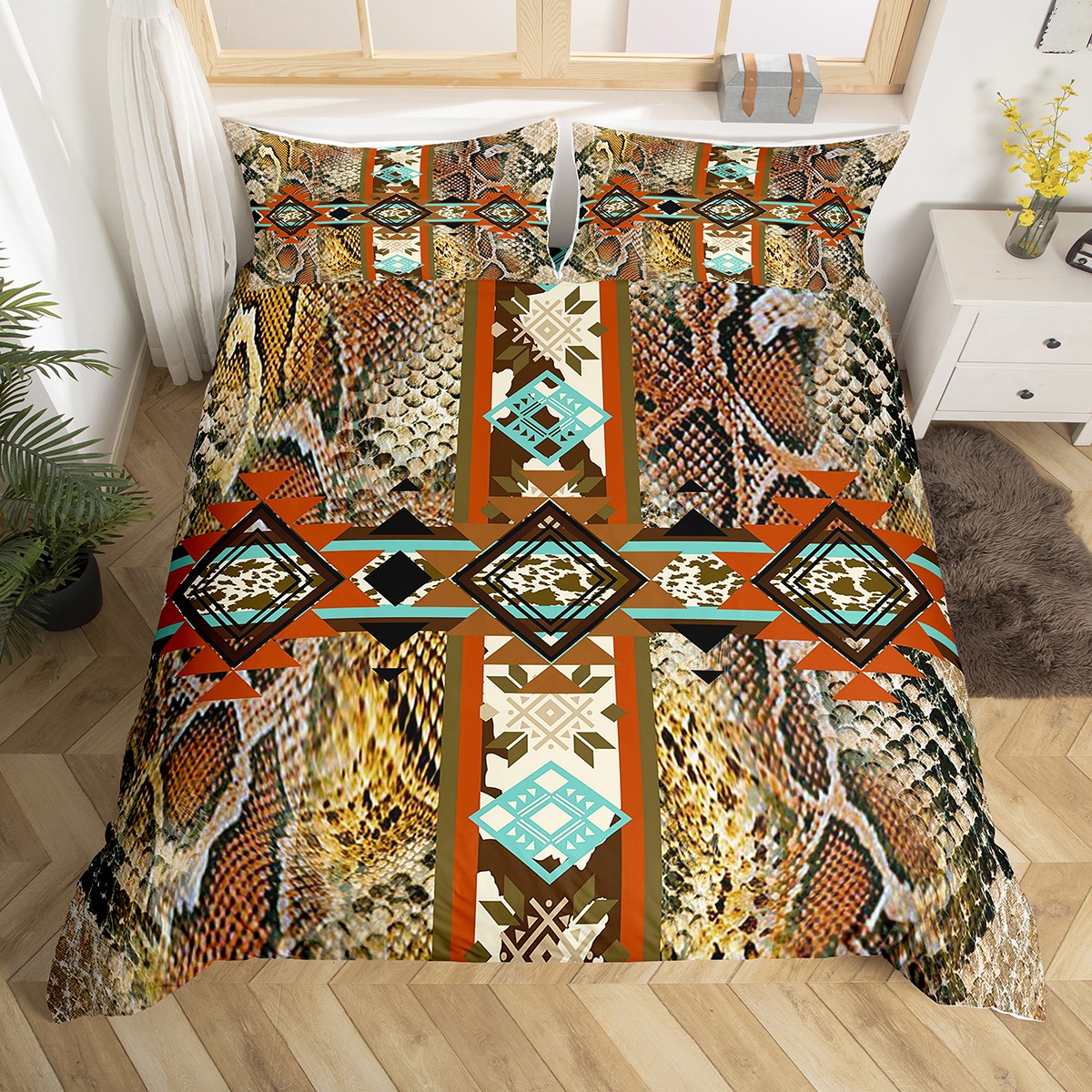 Snake Bedding Set Earth Yellow Snake Hide Comforter Cover Exotic Ethnic ...
