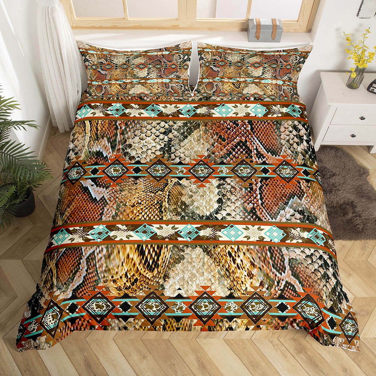 Snake Bedding Set Earth Yellow Snake Hide Duvet Cover Exotic Ethnic ...