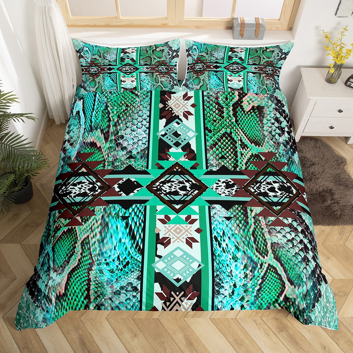 Snake Bedding Set Green Snake Hide Comforter Cover Exotic Ethnic Tribal ...